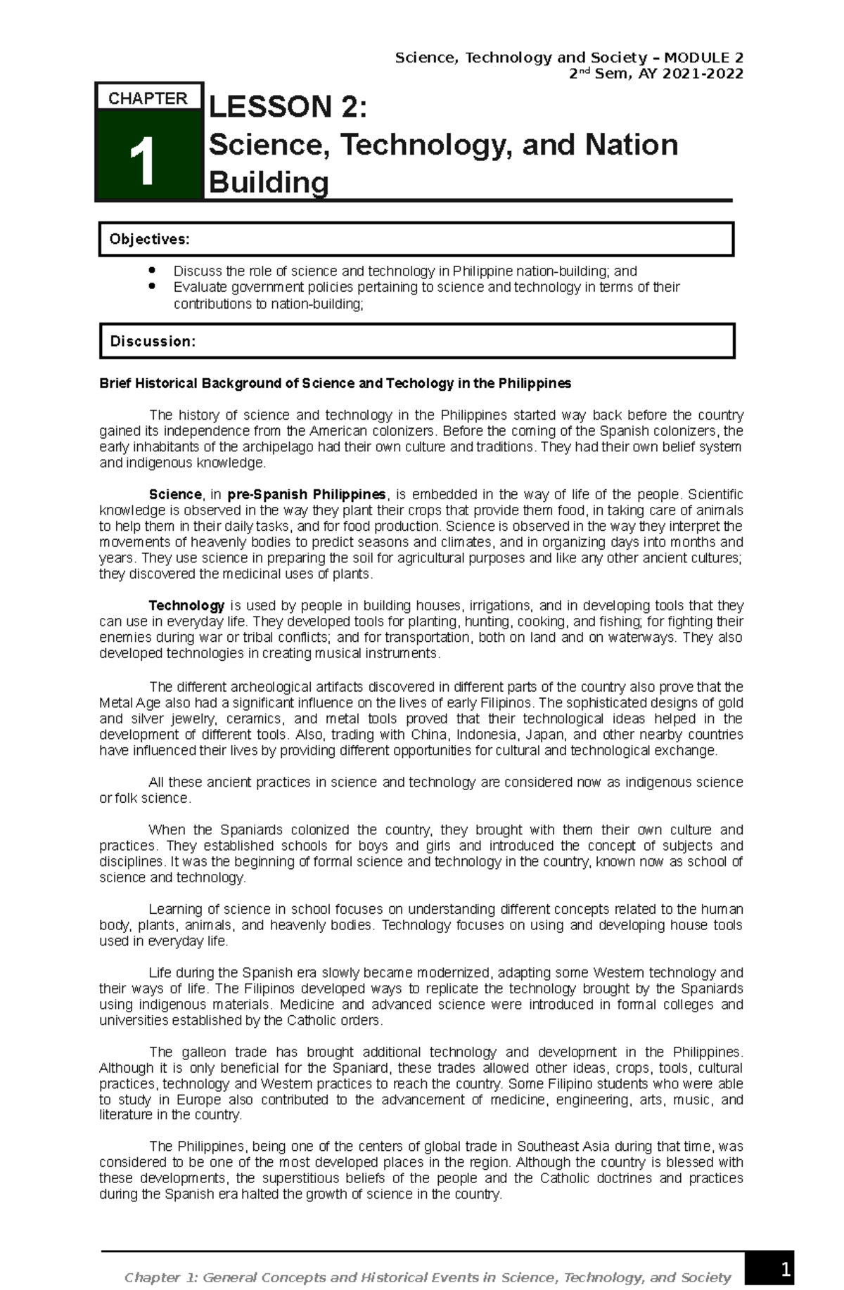 Module 2 for STS S.Y. 2021-2022 - 2 nd Sem, AY 2021- CHAPTER LESSON 2 ...