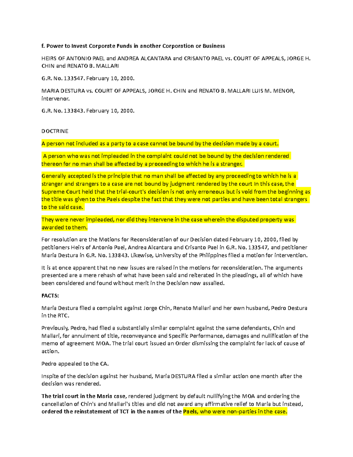 DJ- Heirs of Pael v. CA, G.R. No. 133547 - f. Power to Invest Corporate Funds in another ...