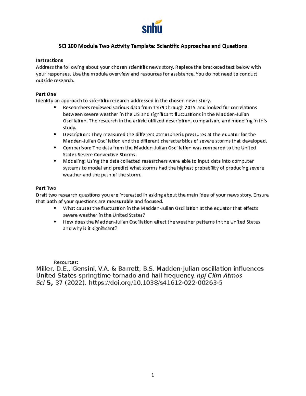 SCI 100 Module Two Activity - Replace the bracketed text below with ...