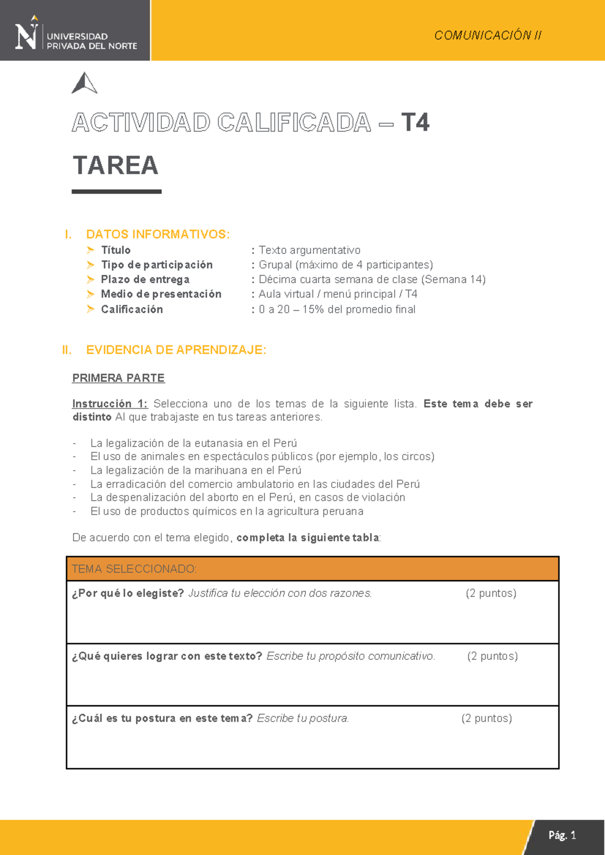 T4 de comu 2 - ACTIVIDAD CALIFICADA – T TAREA I. DATOS INFORMATIVOS: Título : Texto ...