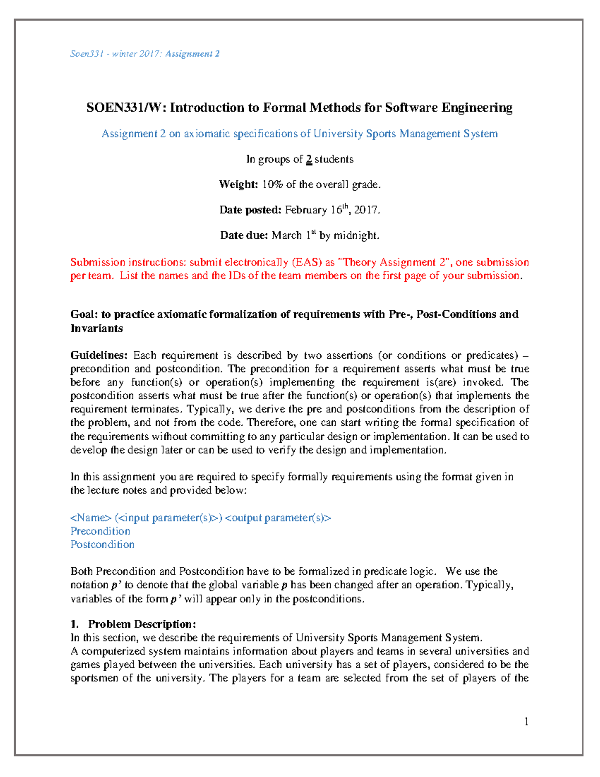 2017 A2 Problems - Exam/Practice - SOEN331/W: Introduction to Formal Methods for Software - Studocu