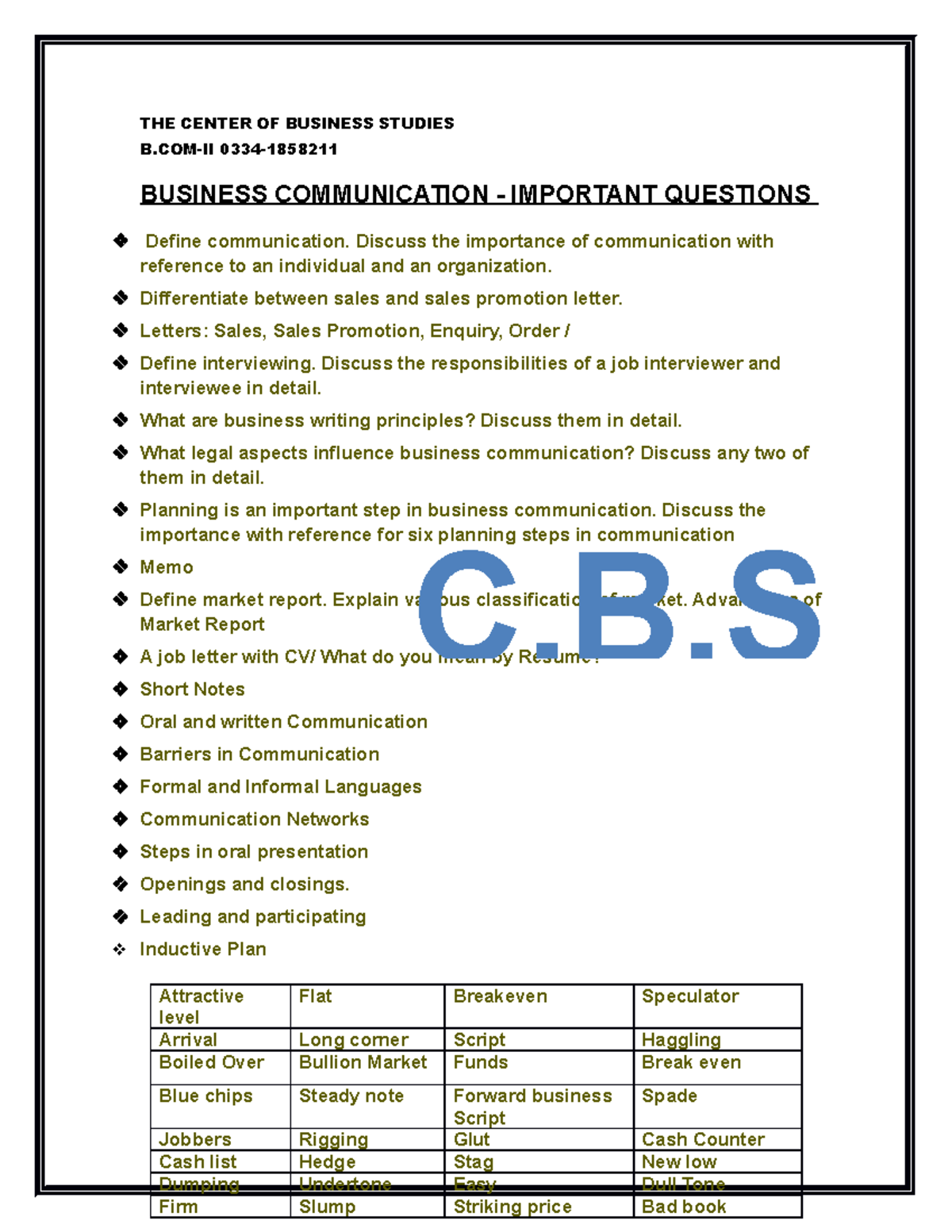 Important Question Bcom 2 - THE CENTER OF BUSINESS STUDIES B-II 0334 ...
