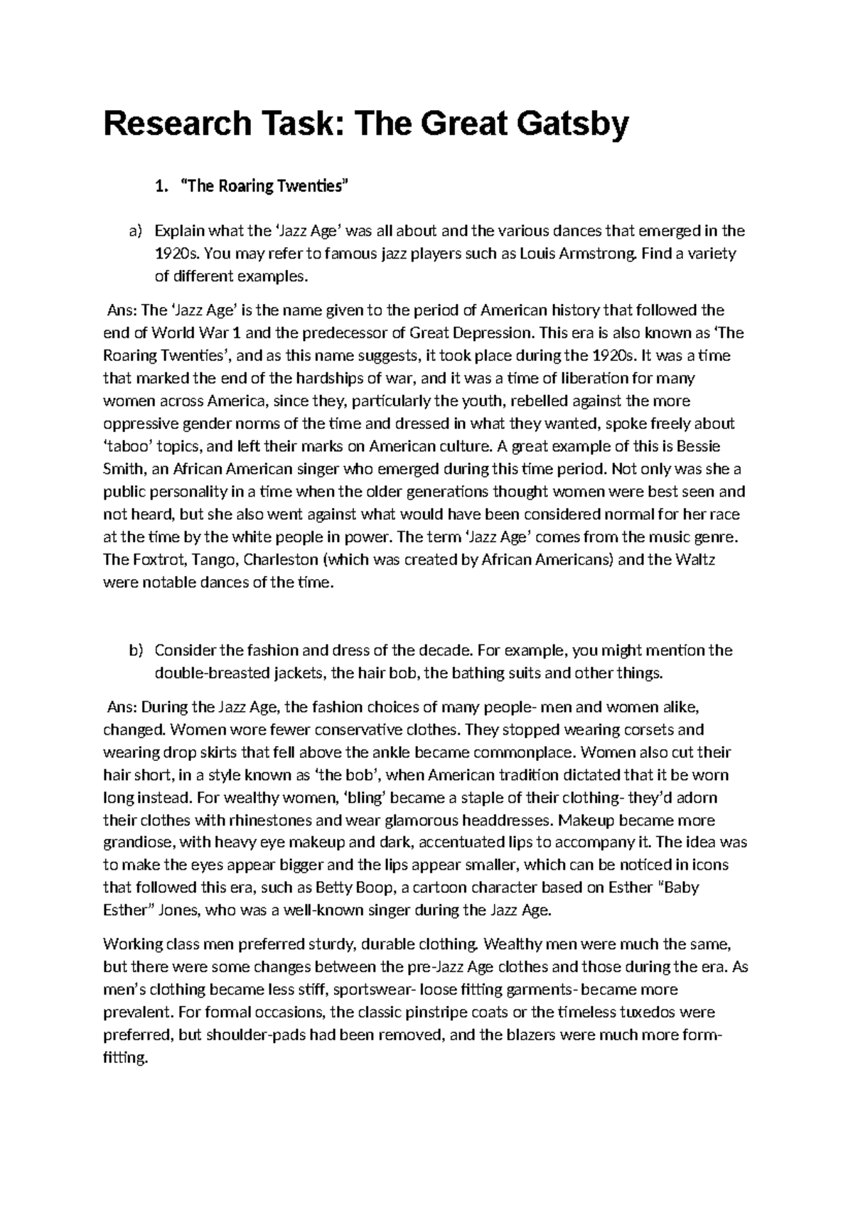 Roarin twenties research task - Research Task: The Great Gatsby “The ...