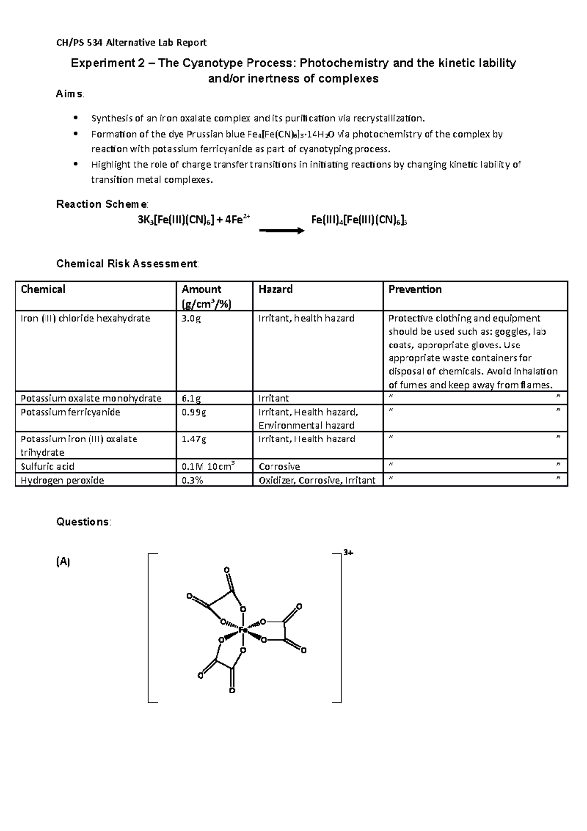 CH534 Lab report Cyanotyping - CH/PS 534 Alternative Lab Report ...