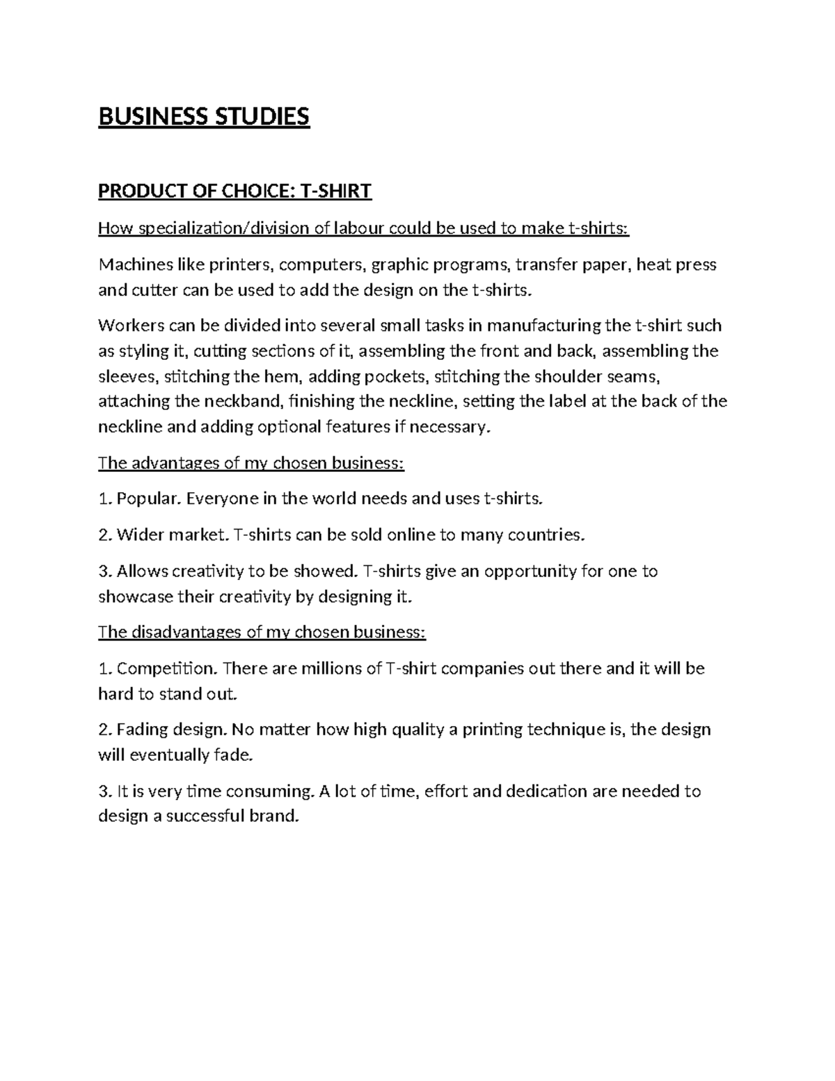 Business studies - chap1 - BUSINESS STUDIES PRODUCT OF CHOICE: T-SHIRT ...