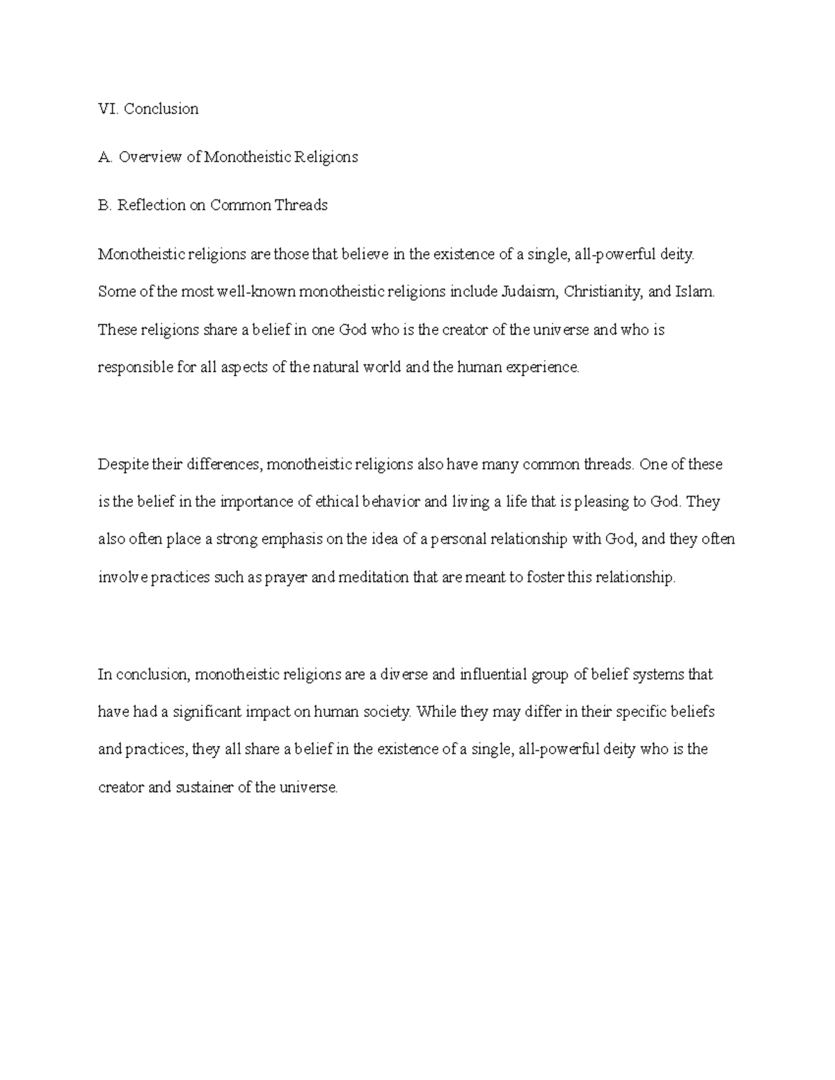 Monotheism 6 - VI. Conclusion A. Overview of Monotheistic Religions B ...