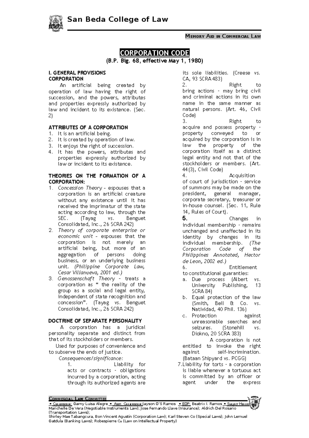 San Beda - Corporation Law Reviewer - San Beda College of Law 85 MEMORY ...
