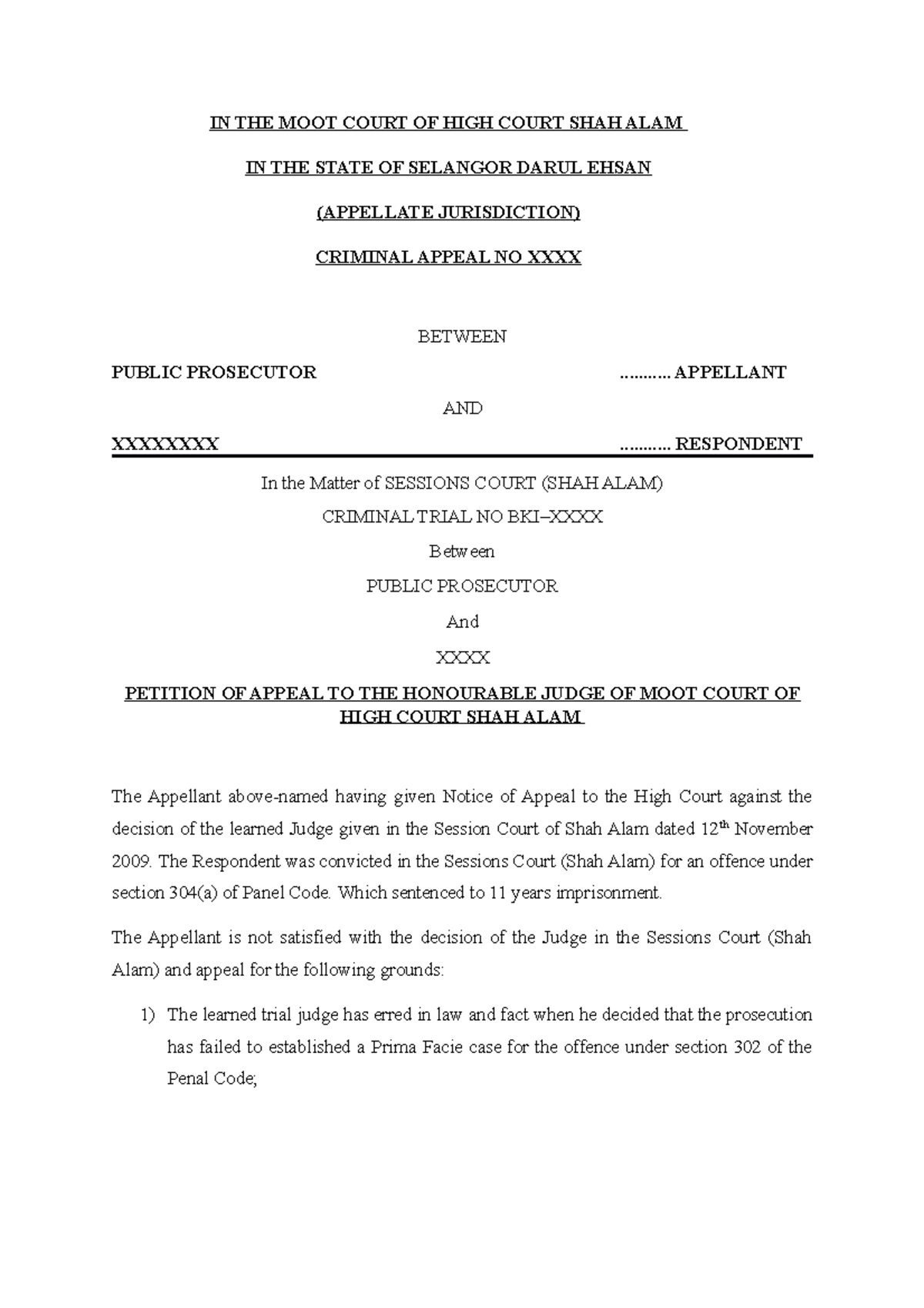 Pettion OF Appeal (example) - IN THE MOOT COURT OF HIGH COURT SHAH ALAM ...