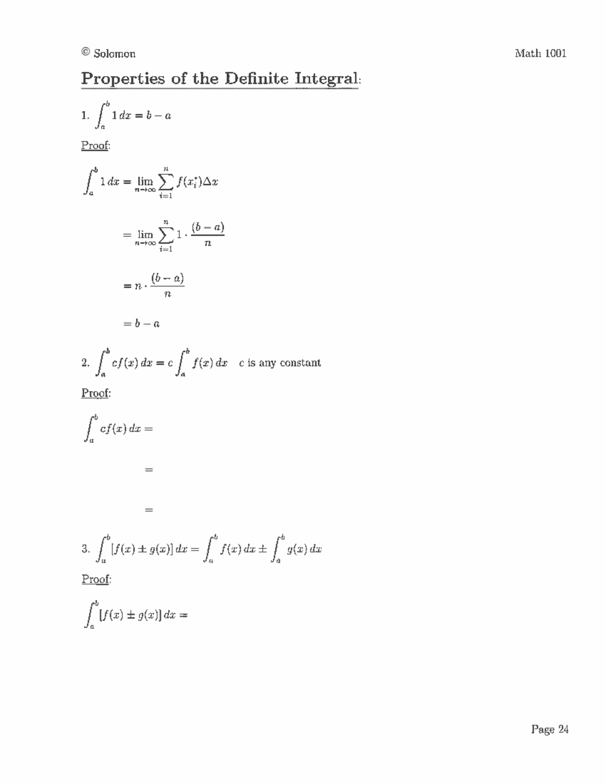 Properties of the definite Integral - Math 2000 - Studocu