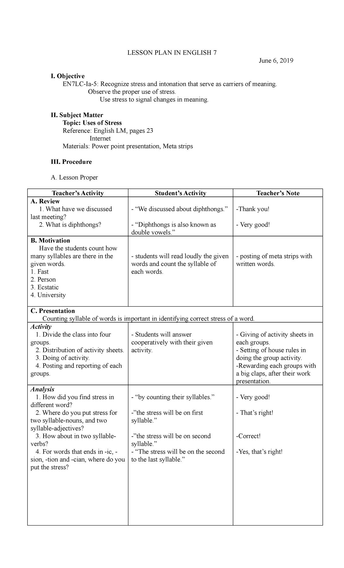 COT 7- Stress - LESSON PLAN IN ENGLISH 7 - LESSON PLAN IN ENGLISH 7 ...