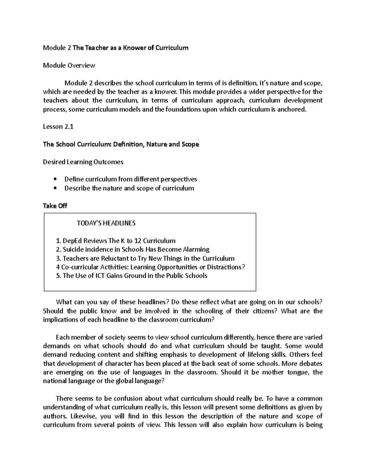Module 2 The Teacher as a Knower of Curriculum - Module 2 The Teacher ...