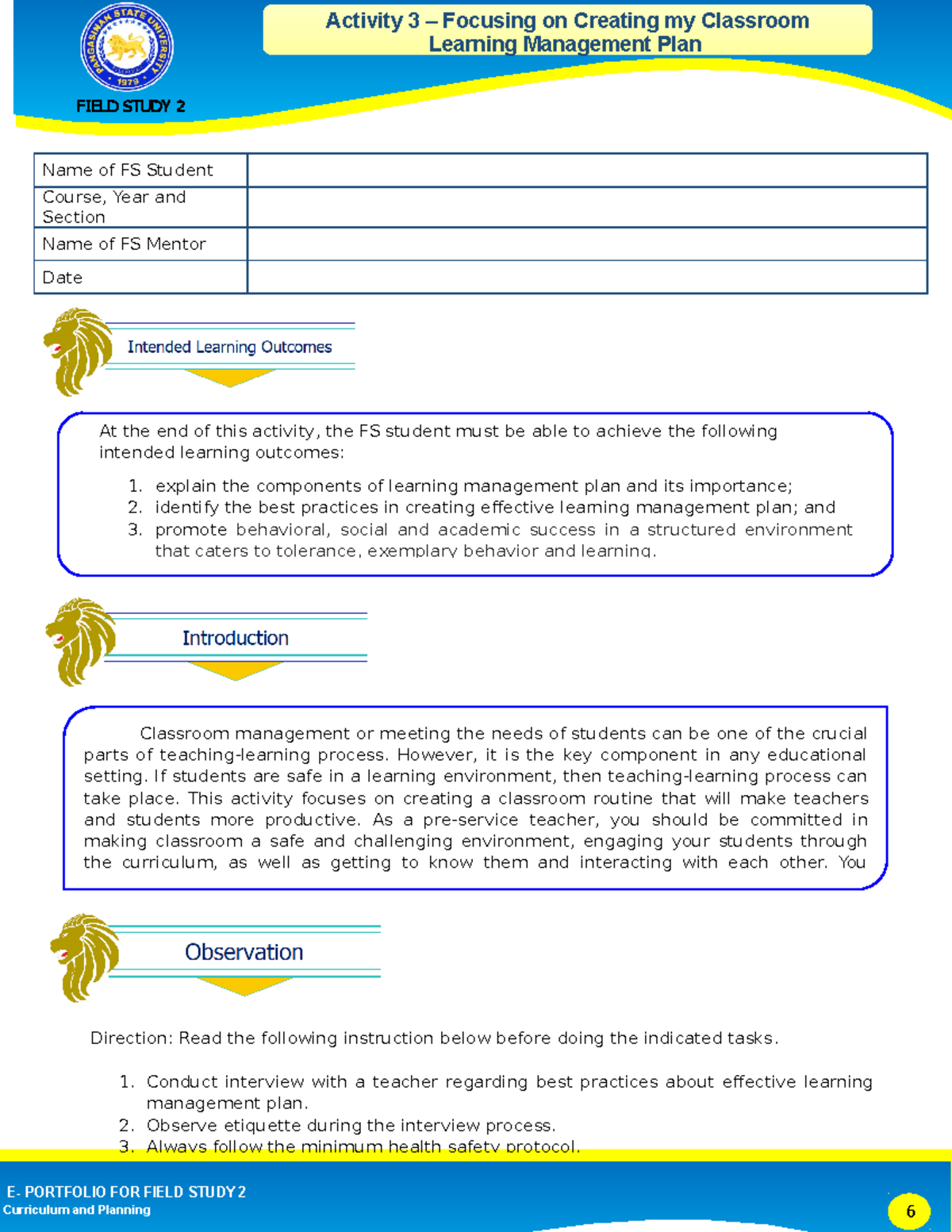 FS 2 Activity 3 - None - Learning Management Plan E- PORTFOLIO FOR ...