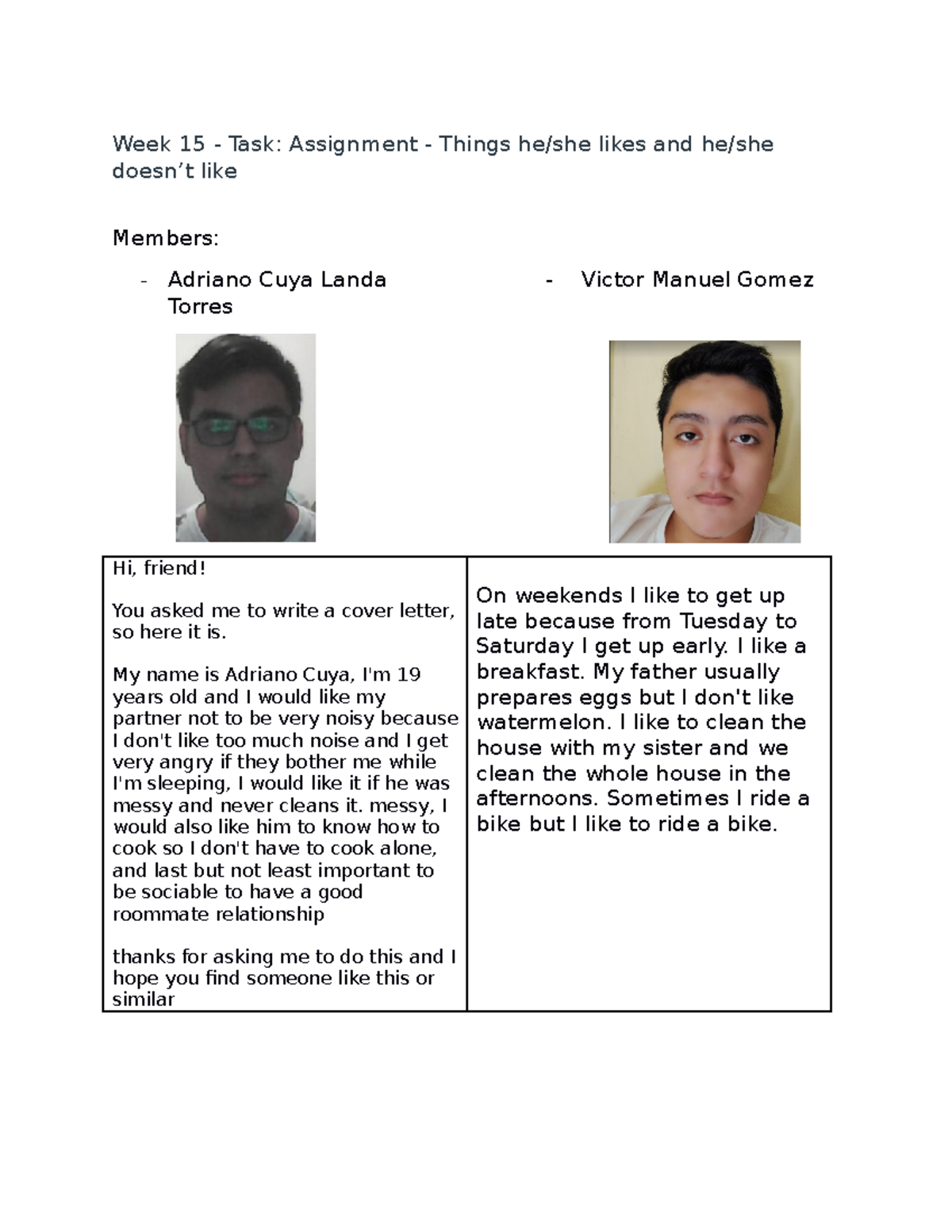 Week 15 - Task Assignment - Things he she likes and he she doesnt like ...