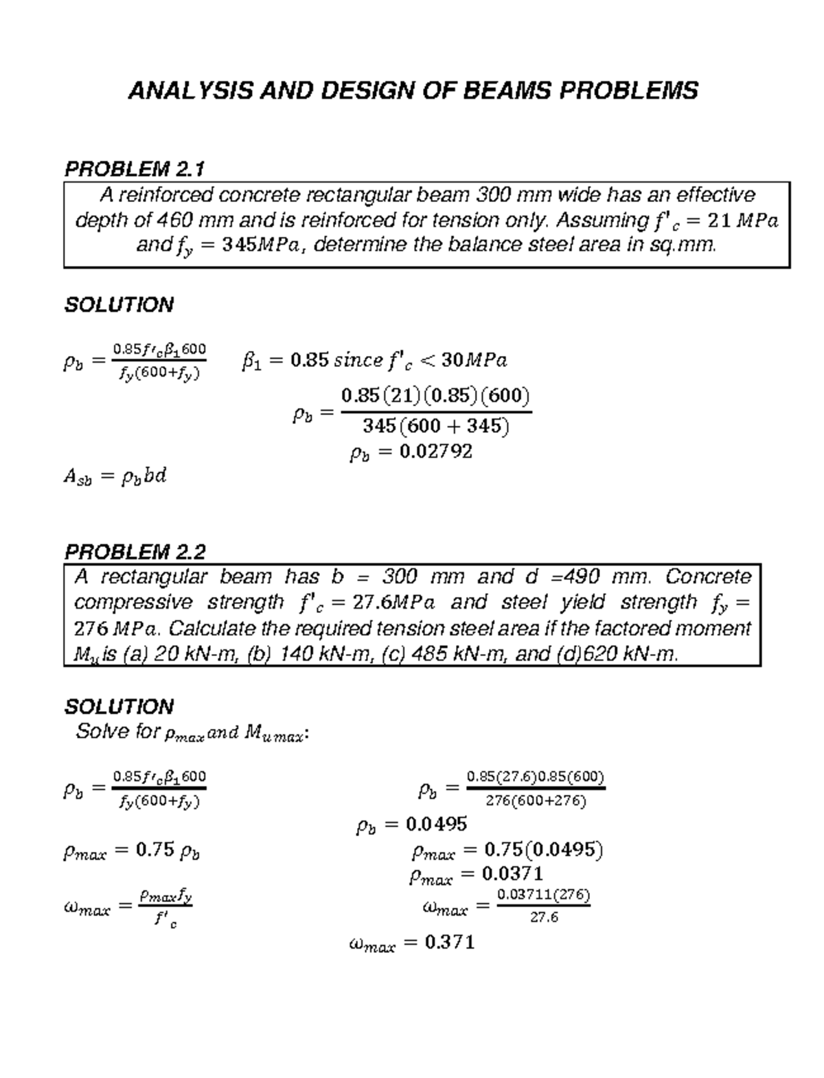 Analysis-and-design-of-beams-problems compress - ANALYSIS AND DESIGN OF BEAMS PROBLEMS PROBLEM 2 ...