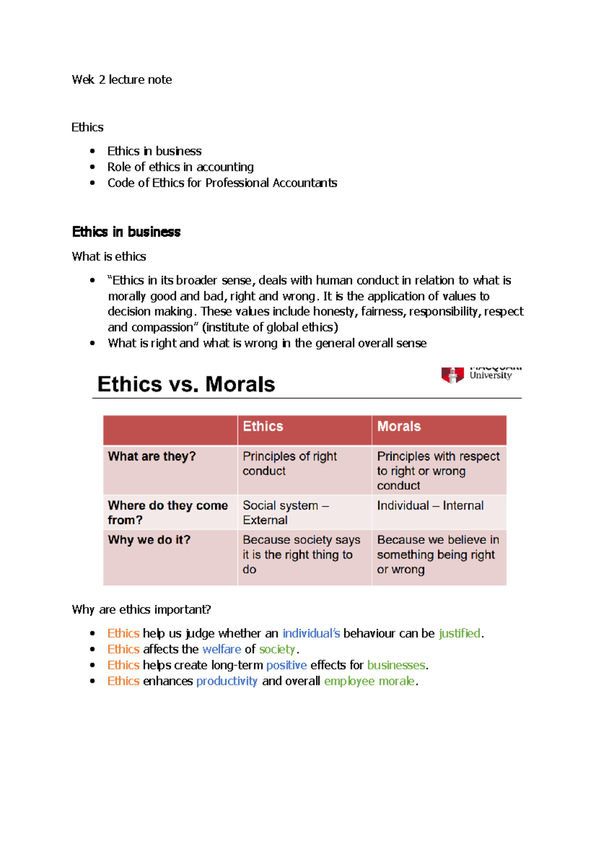 Notes from week 2 - Wek 2 lecture note Ethics Ethics in business Role ...