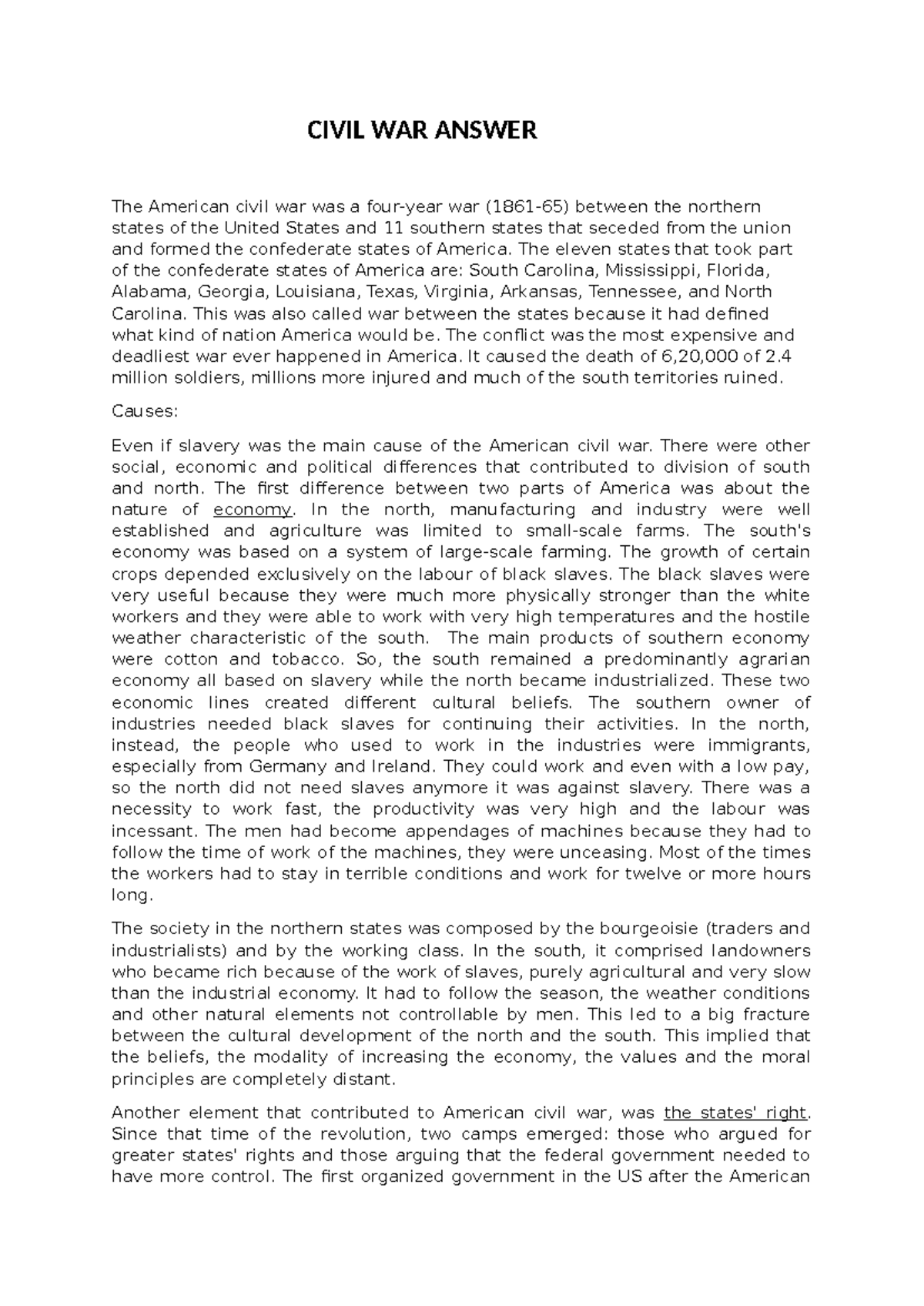 Civilwaranswer - civil wars Usa paper 1 semester 5 history honours ...