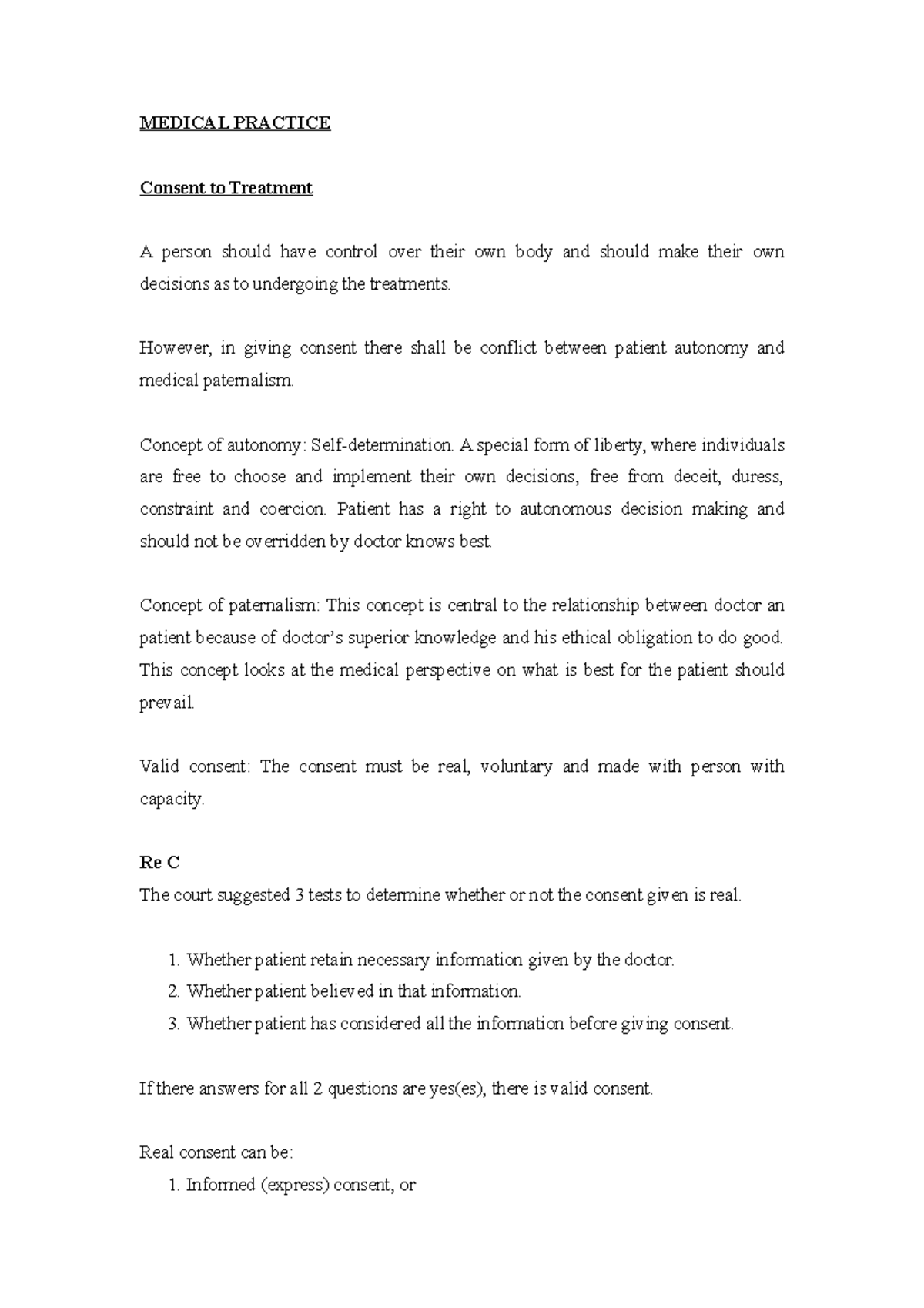 Law Relating to Health Care - MEDICAL PRACTICE Consent to Treatment A ...