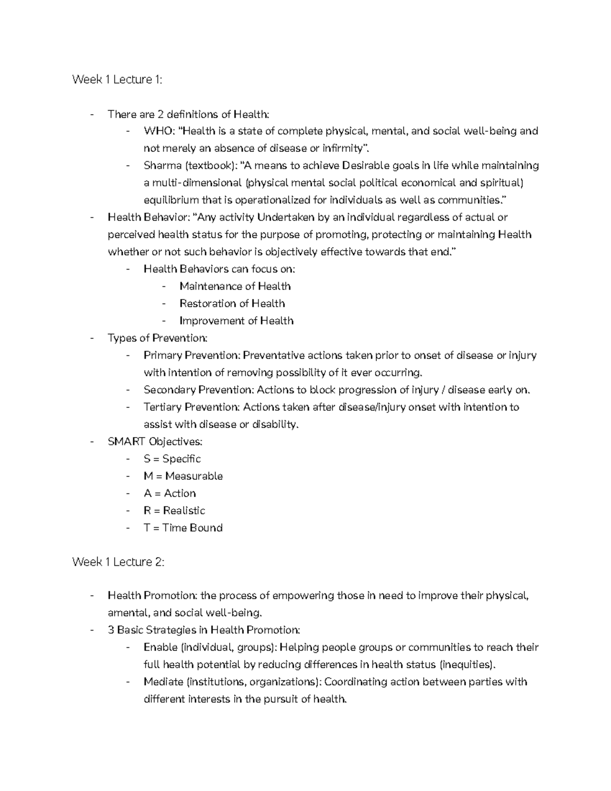 Exam 1 content - Week 1 Lecture 1: There are 2 definitions of Health ...