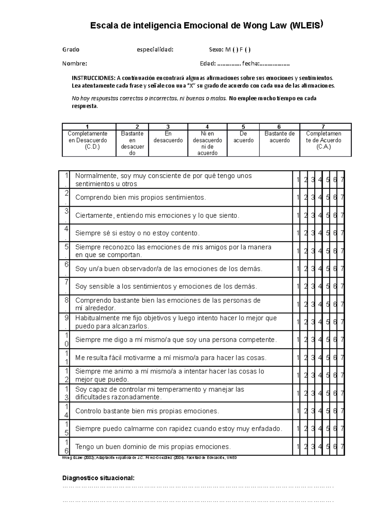 Escala de inteligencia Emocional de Wong Law ( Wleis) - Escala de inteligencia Emocional de Wong ...