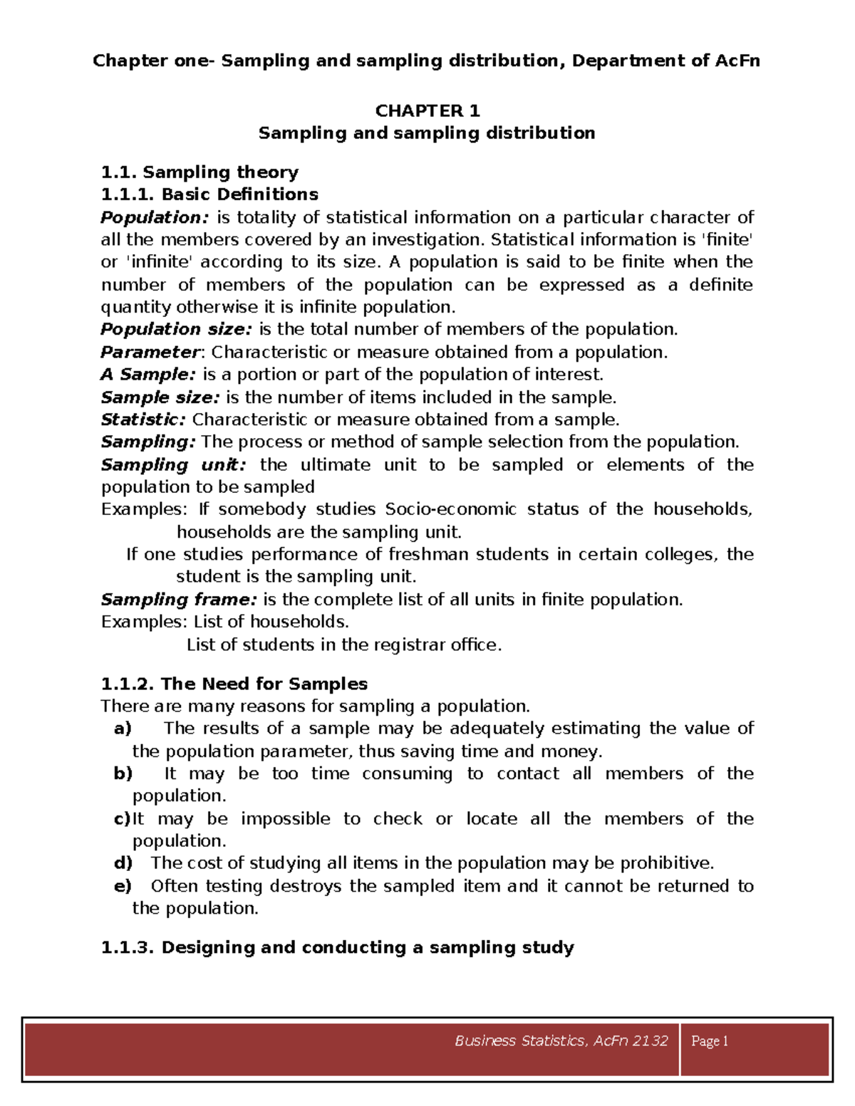 Buss Stat Ch 1 Ch 1 Chapter 1 Sampling And Sampling Distribution Sampling Theory 11 Basic