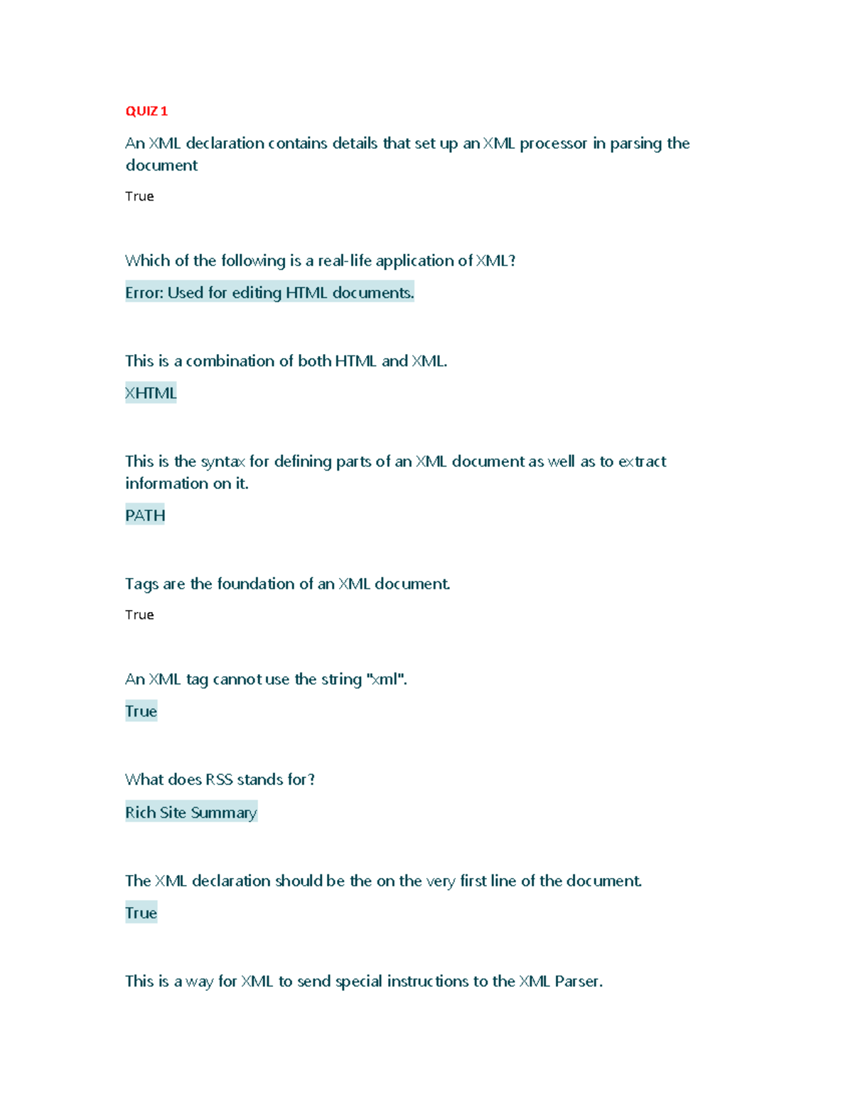 Pdfcoffee - QUIZ 1 An XML declaration contains details that set up an XML processor in parsing ...