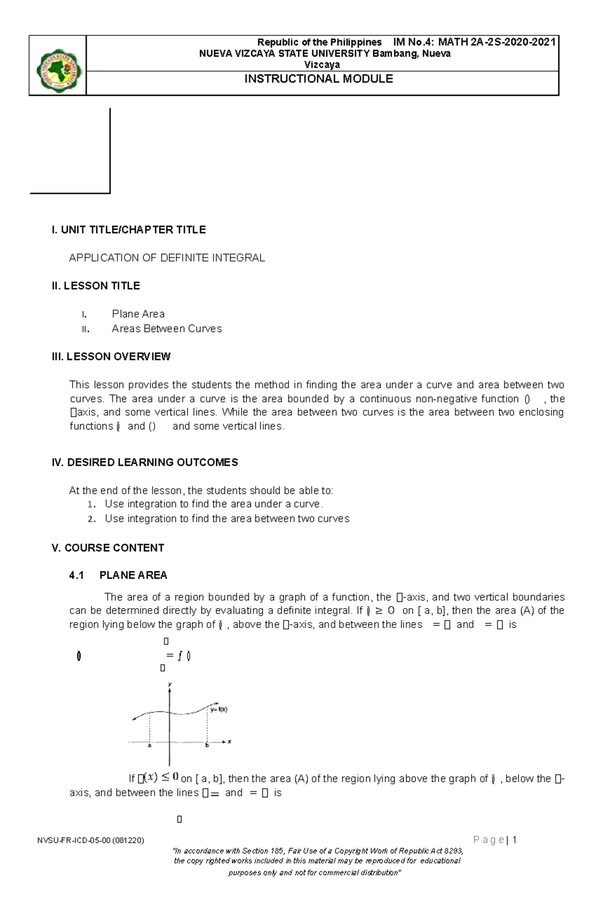 Integral Calculus IM4 - I. UNIT TITLE/CHAPTER TITLE APPLICATION OF ...