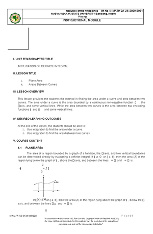 Integral Calculus IM1 - INTEGRATION CONCEPTS/FORMULAS - I. UNIT TITLE ...