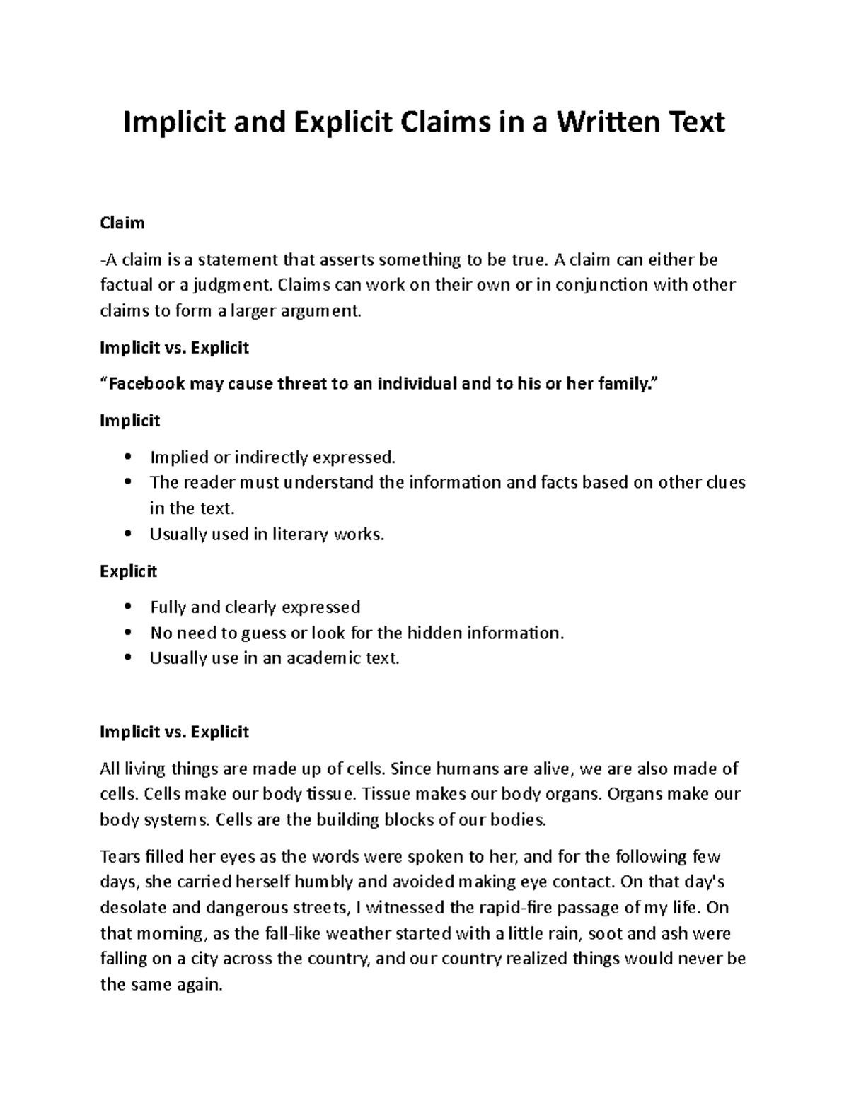 Implicit and Explicit Claims in a Written Text - A claim can either be factual or a judgment ...