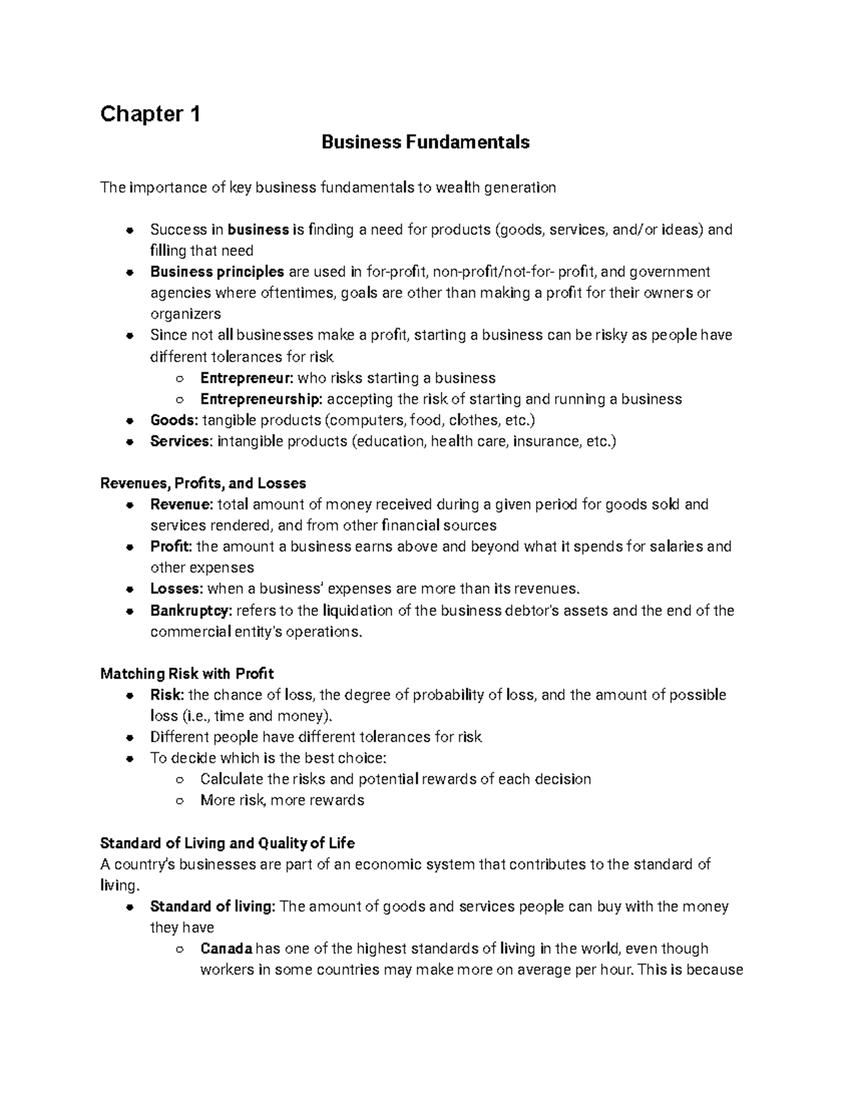Midterm 1 Notes - Chapter 1 Business Fundamentals The importance of key ...