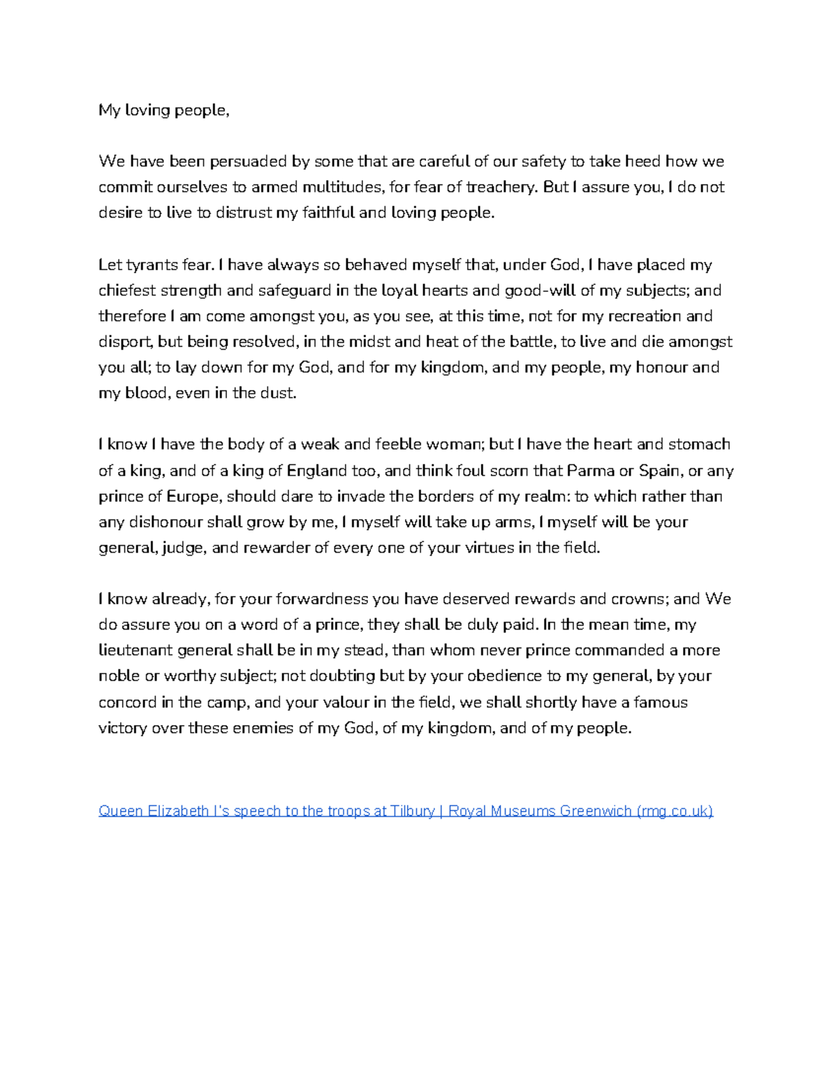 Queen Elizabeth I’s 1588 Speech to the Troops at Tilbury - My loving ...