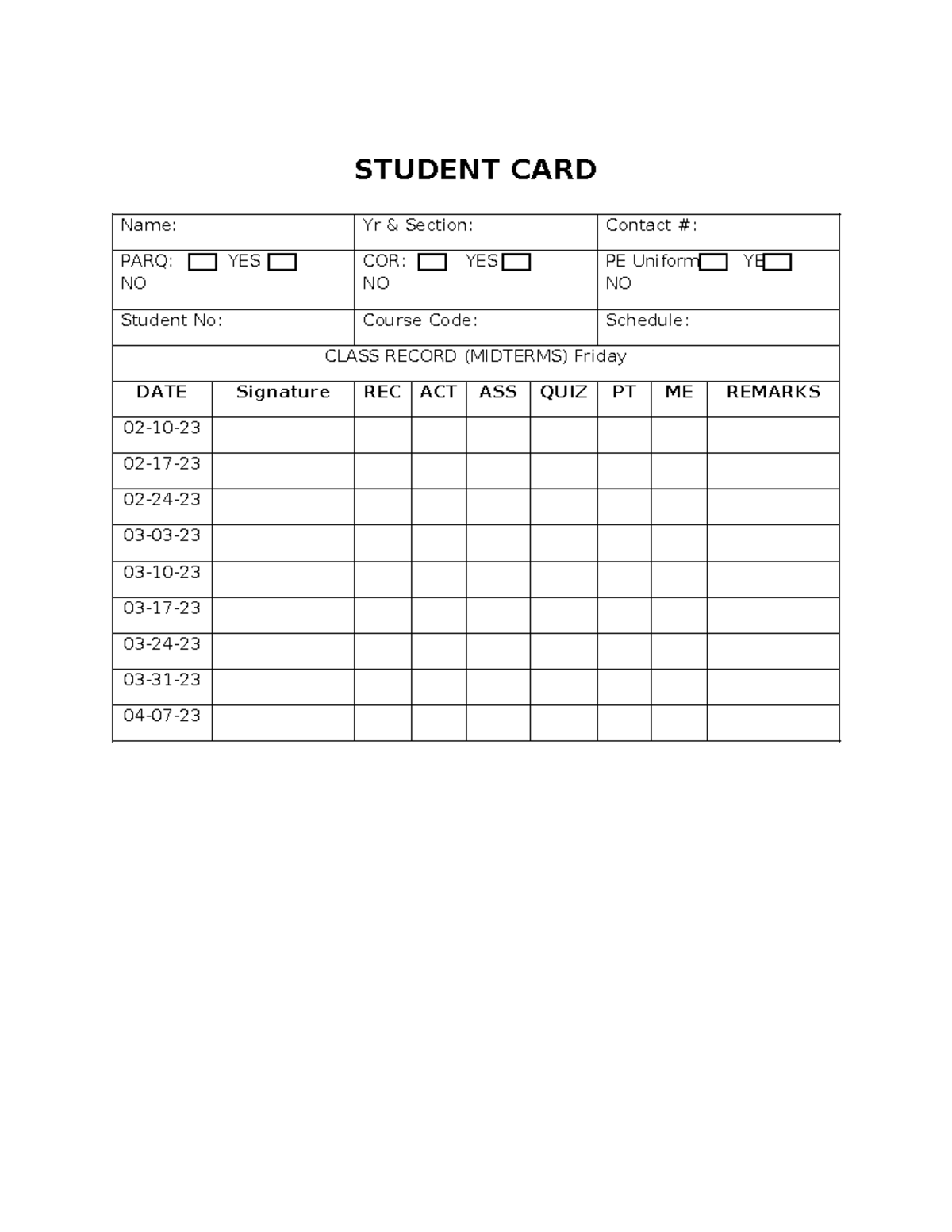 Student-Card-Friday - early childhood education - STUDENT CARD Name: Yr ...