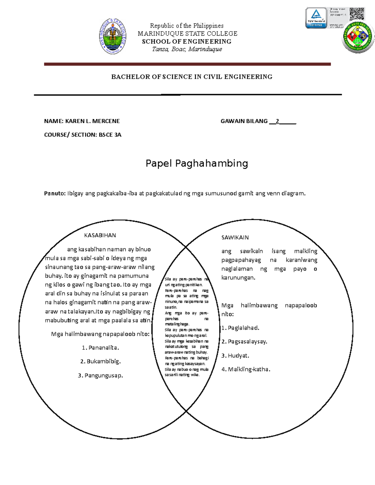 Papel Paghahambing - Republic of the Philippines MARINDUQUE STATE ...