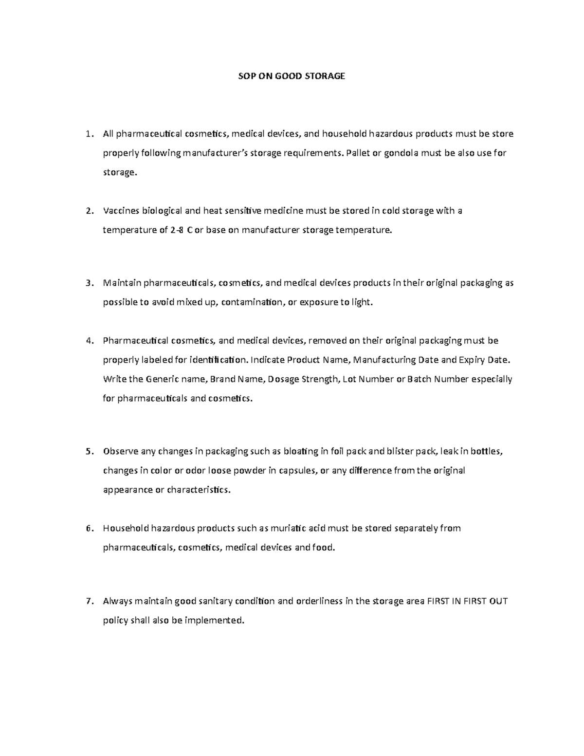 Standard Operating Procedure ON GOOD Storage - SOP ON GOOD STORAGE All ...