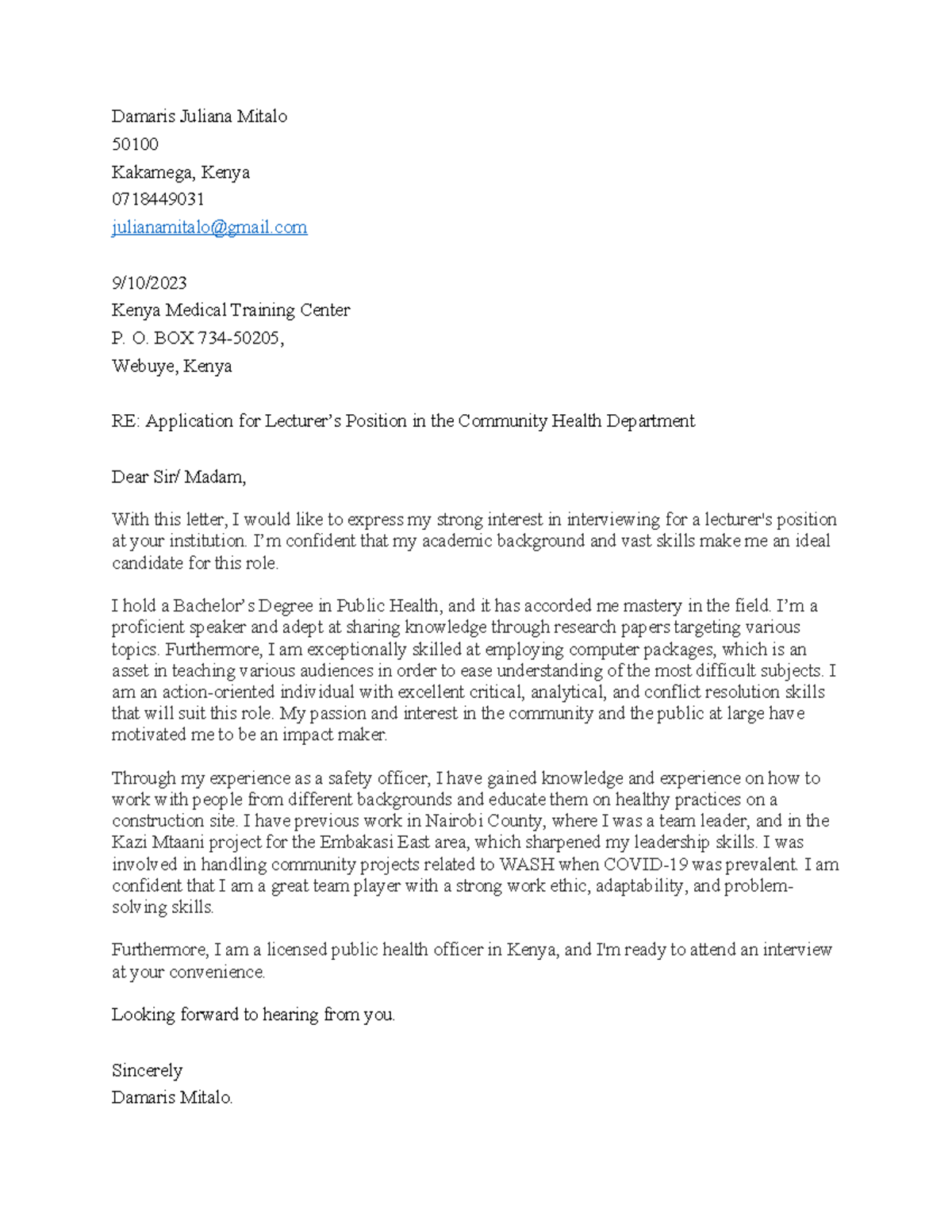 Cover. Letter Damaris - notes - Damaris Juliana Mitalo 50100 Kakamega ...