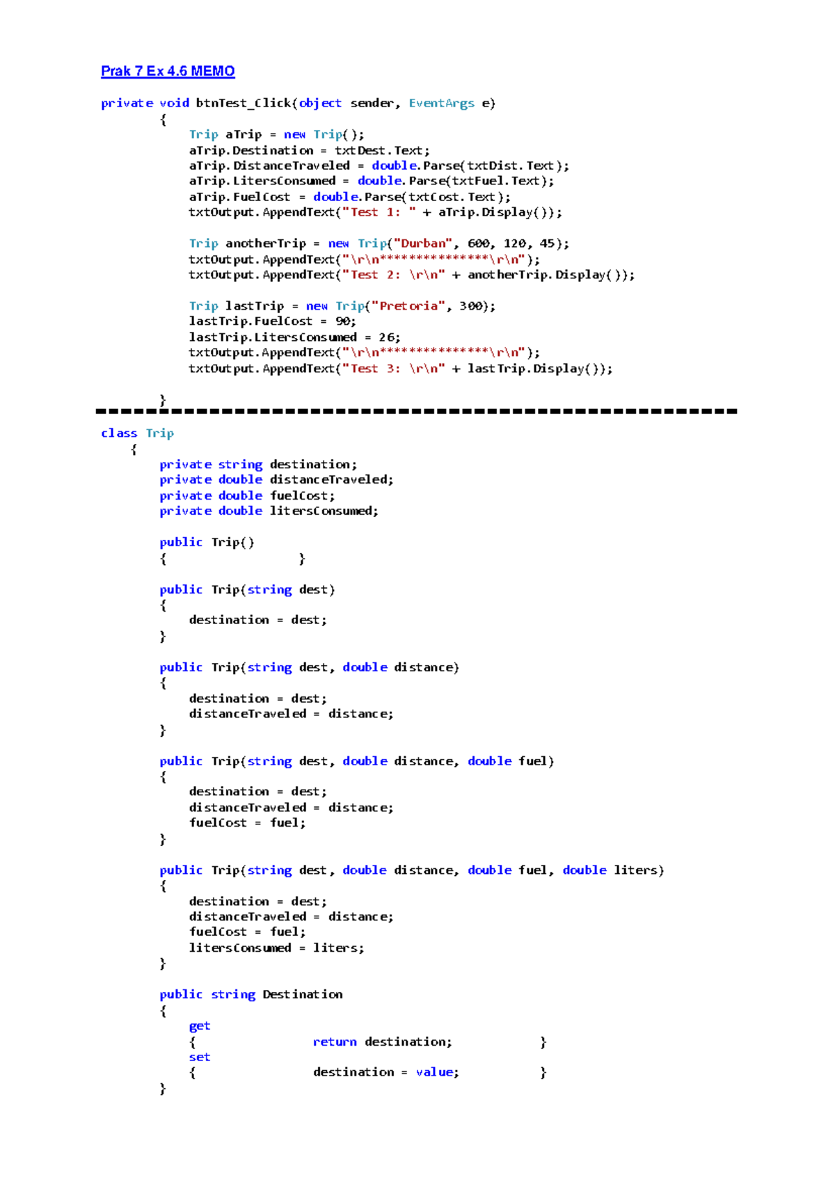 Prak 7 MEMO - read - Prak 7 Ex 4 MEMO private void btnTest_Click(object ...