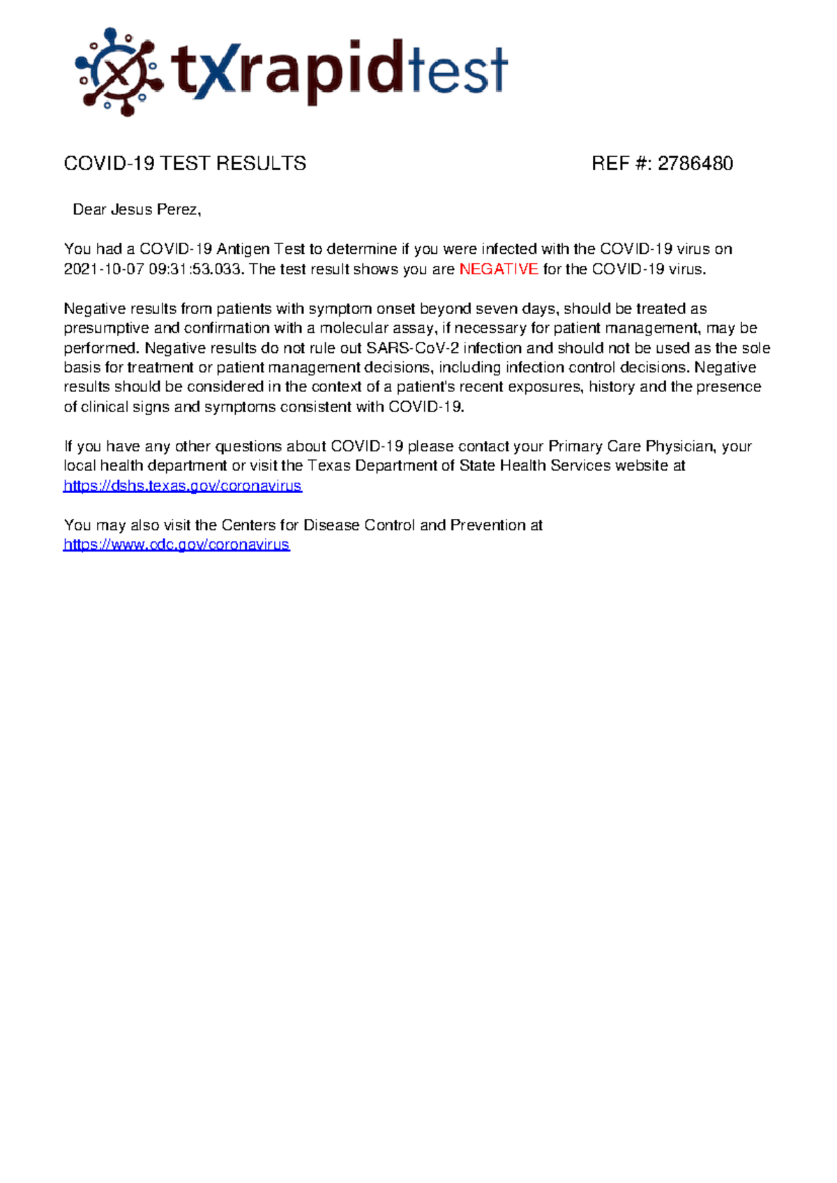 2786480-1633620741 - COVID-19 TEST RESULTS REF #: 2786480 Dear Jesus ...
