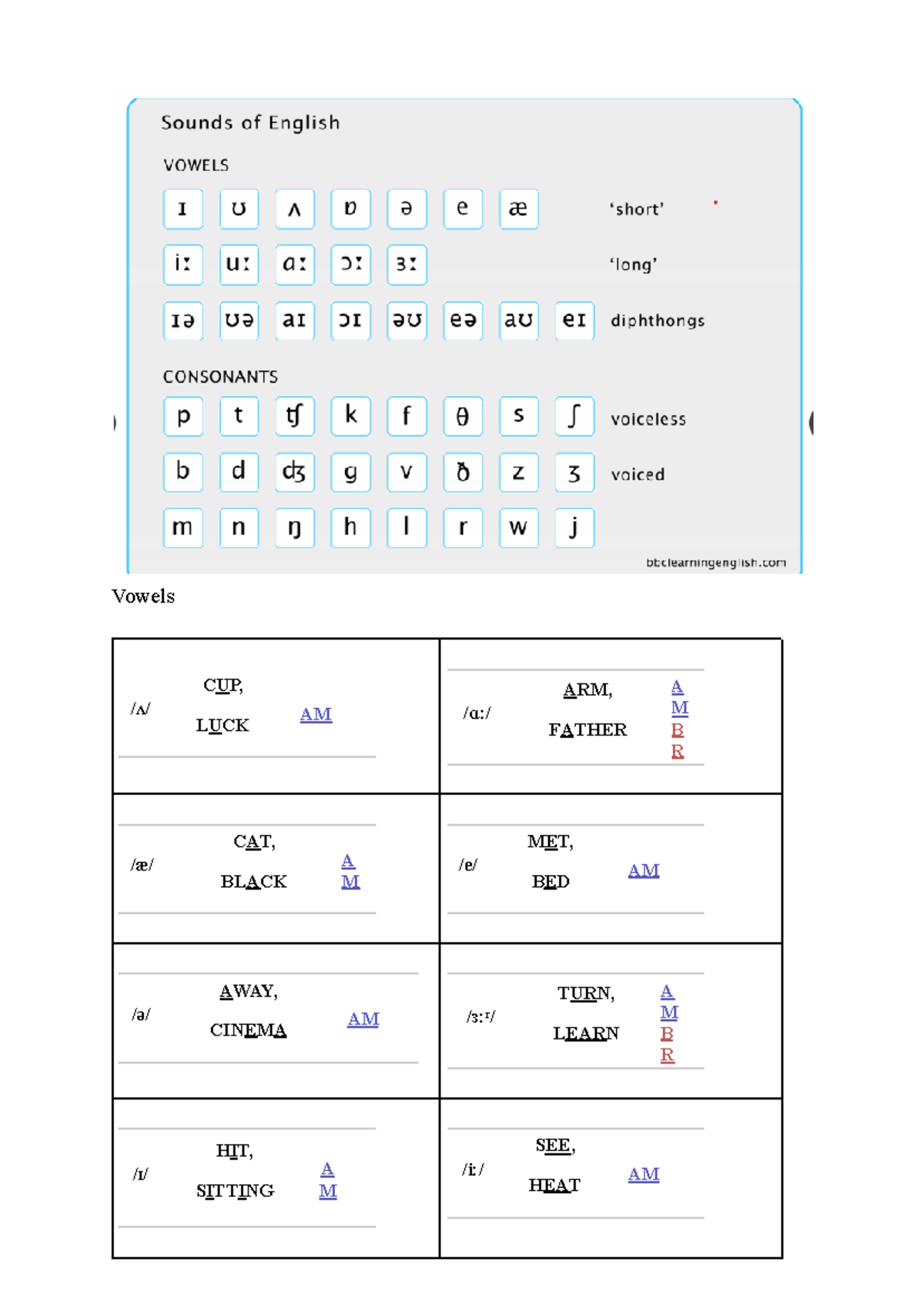 Practical Phonetics - Vowels /ʌ/ CUP, LUCK AM /ɑ:/ ARM, FATHER A M B R ...