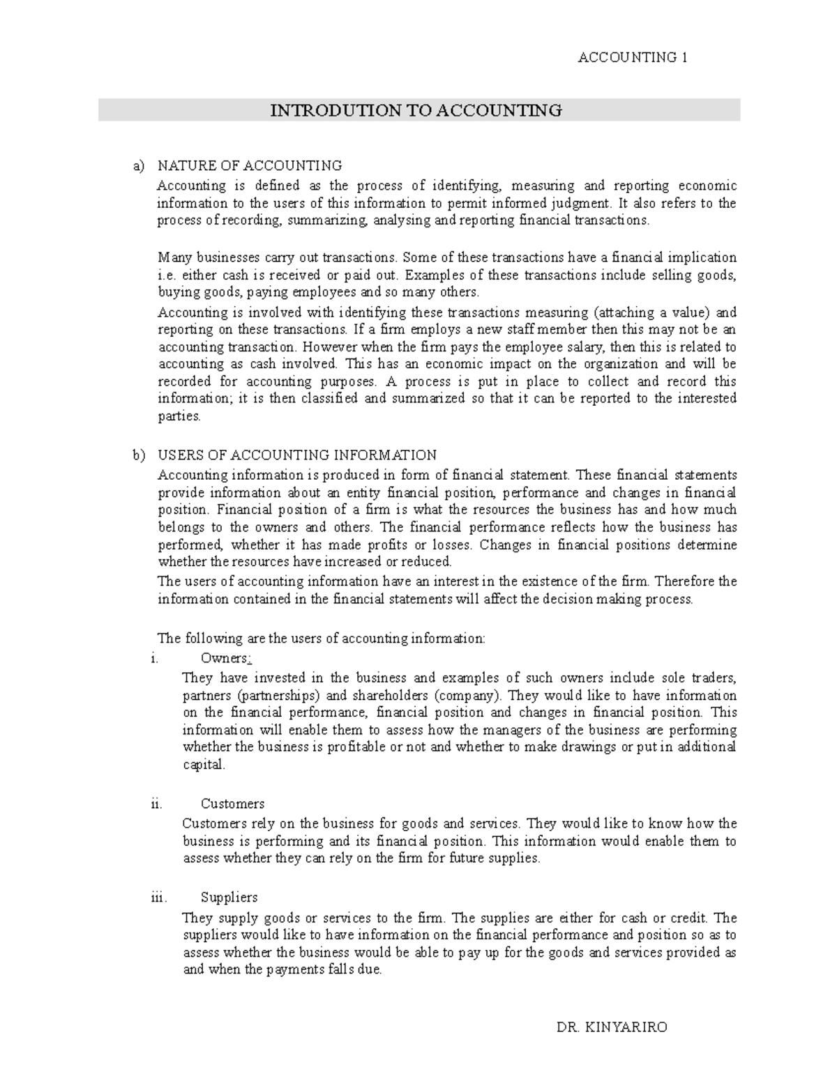 Introdution TO Accounting - INTRODUTION TO ACCOUNTING a) NATURE OF ...