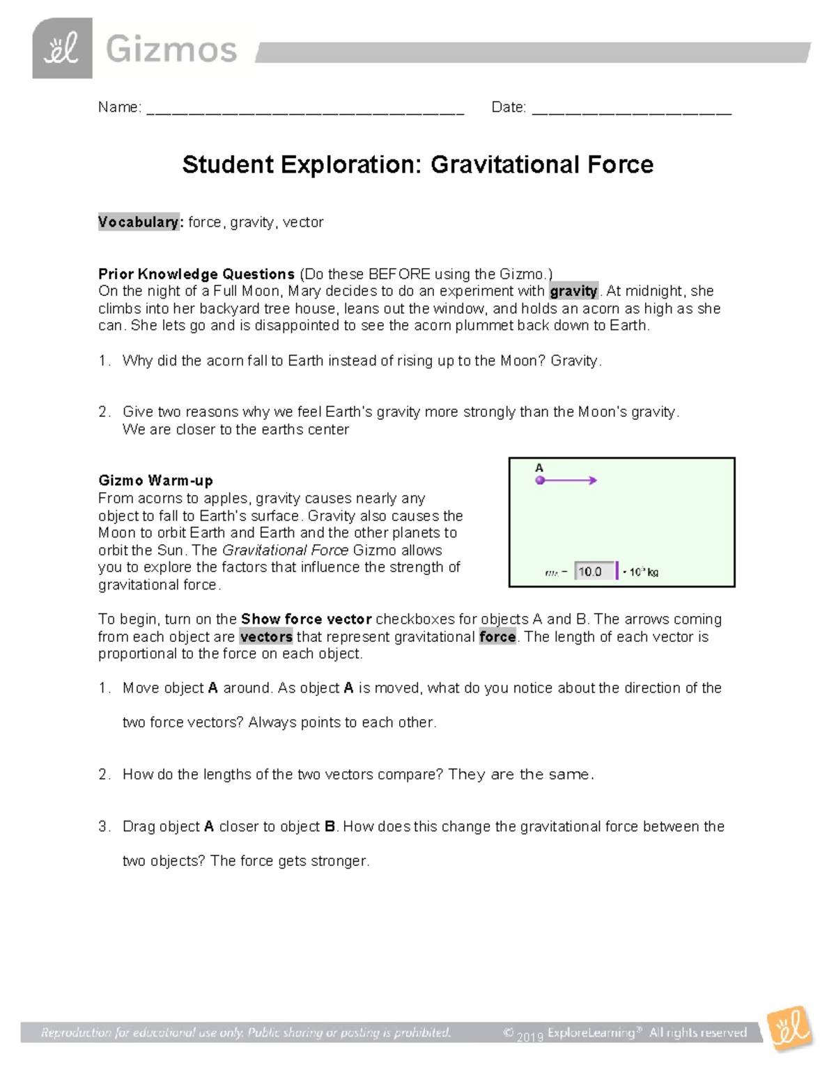 Gravitational Force SE - Name ...