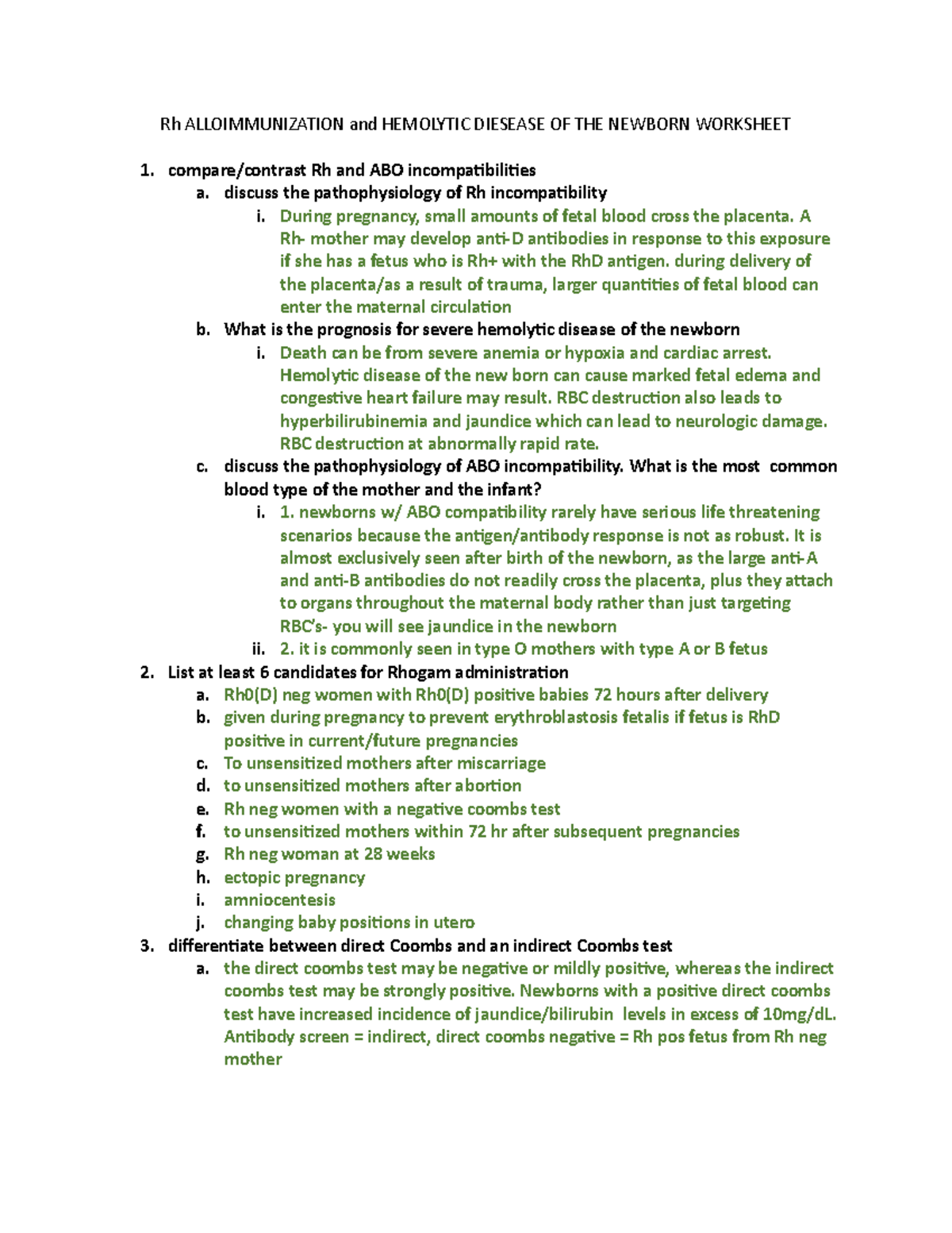 Rh Alloimmunization and Hemolytic Diesease OF THE Newborn Worksheet ...