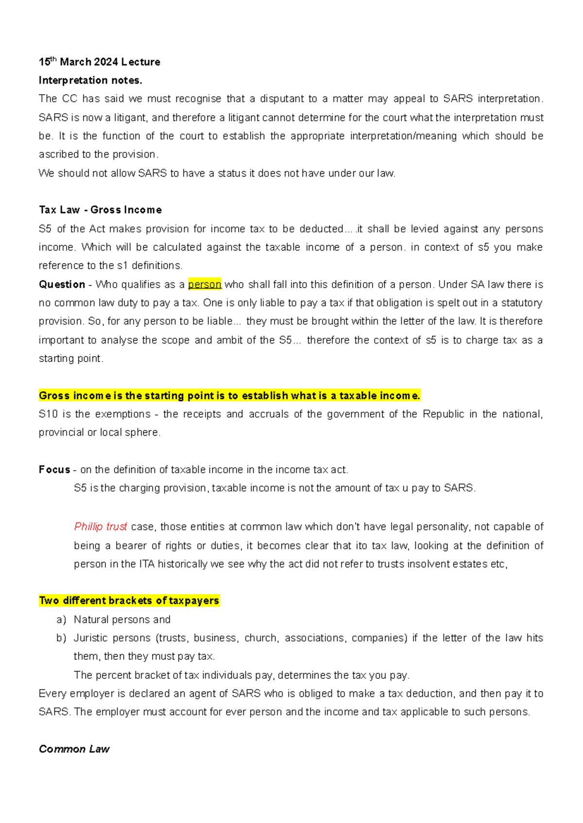 Main Notes - 15 th March 2024 Lecture Interpretation notes. The CC has ...