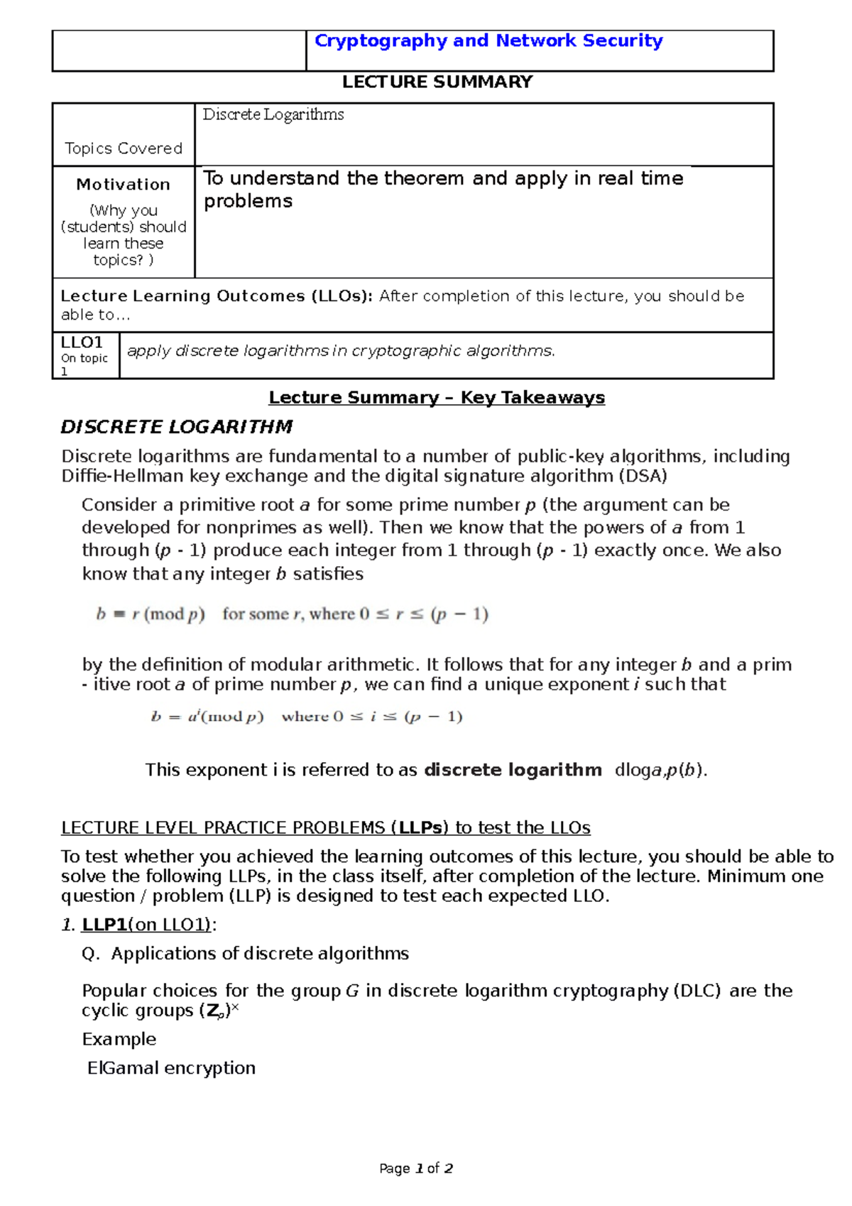 Discrete Logarithms Cryptography And Network Security Lecture Summary Topics Covered Discrete