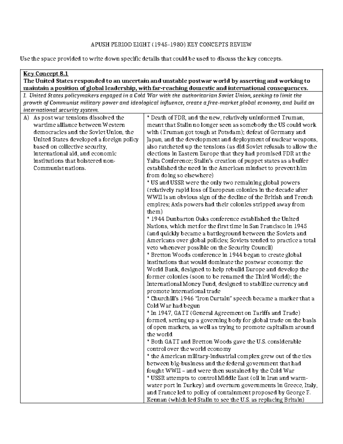 Period eight key concept framework filled in - APUSH PERIOD EIGHT (1945 ...