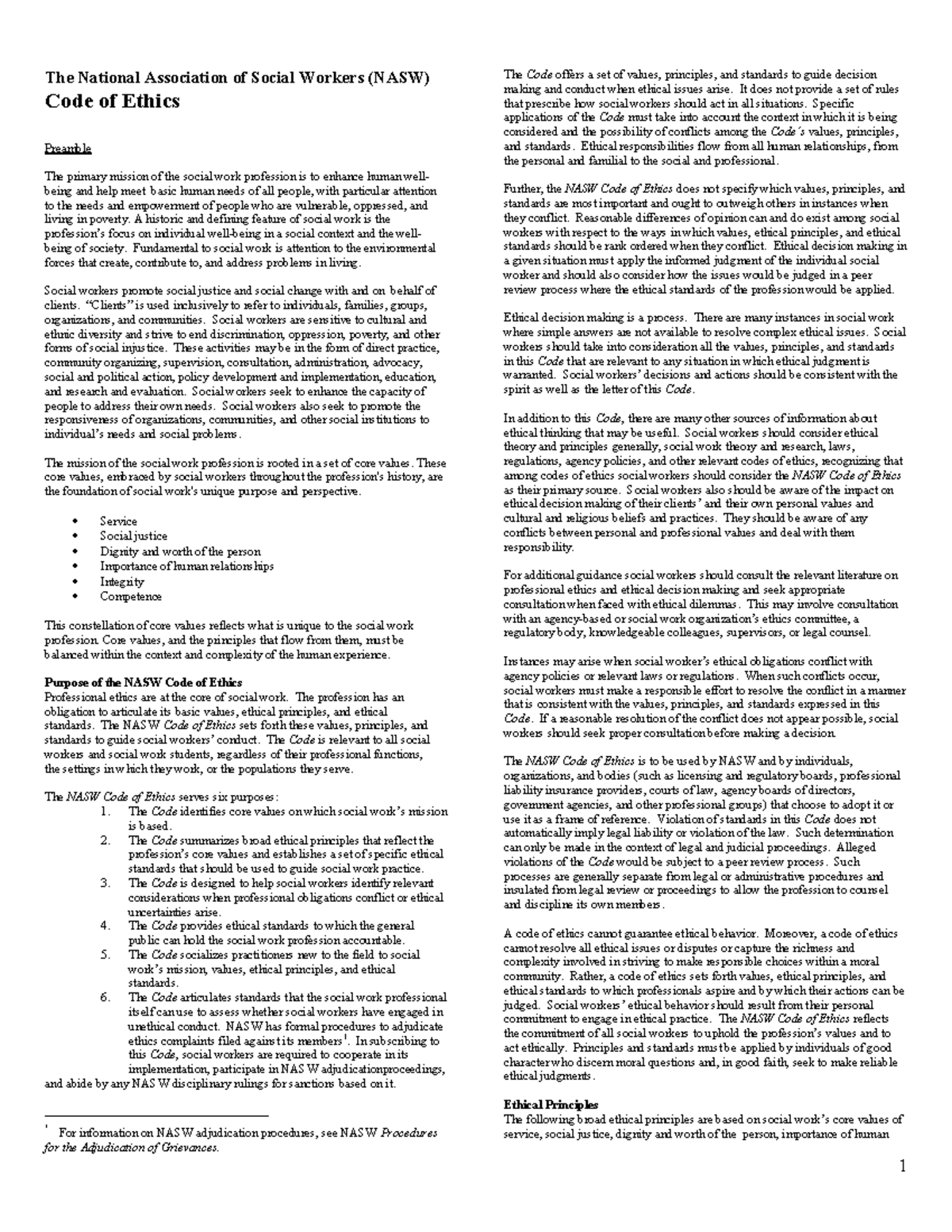 NASW Code of Ethics - Lecture notes 1 - The National Association of ...