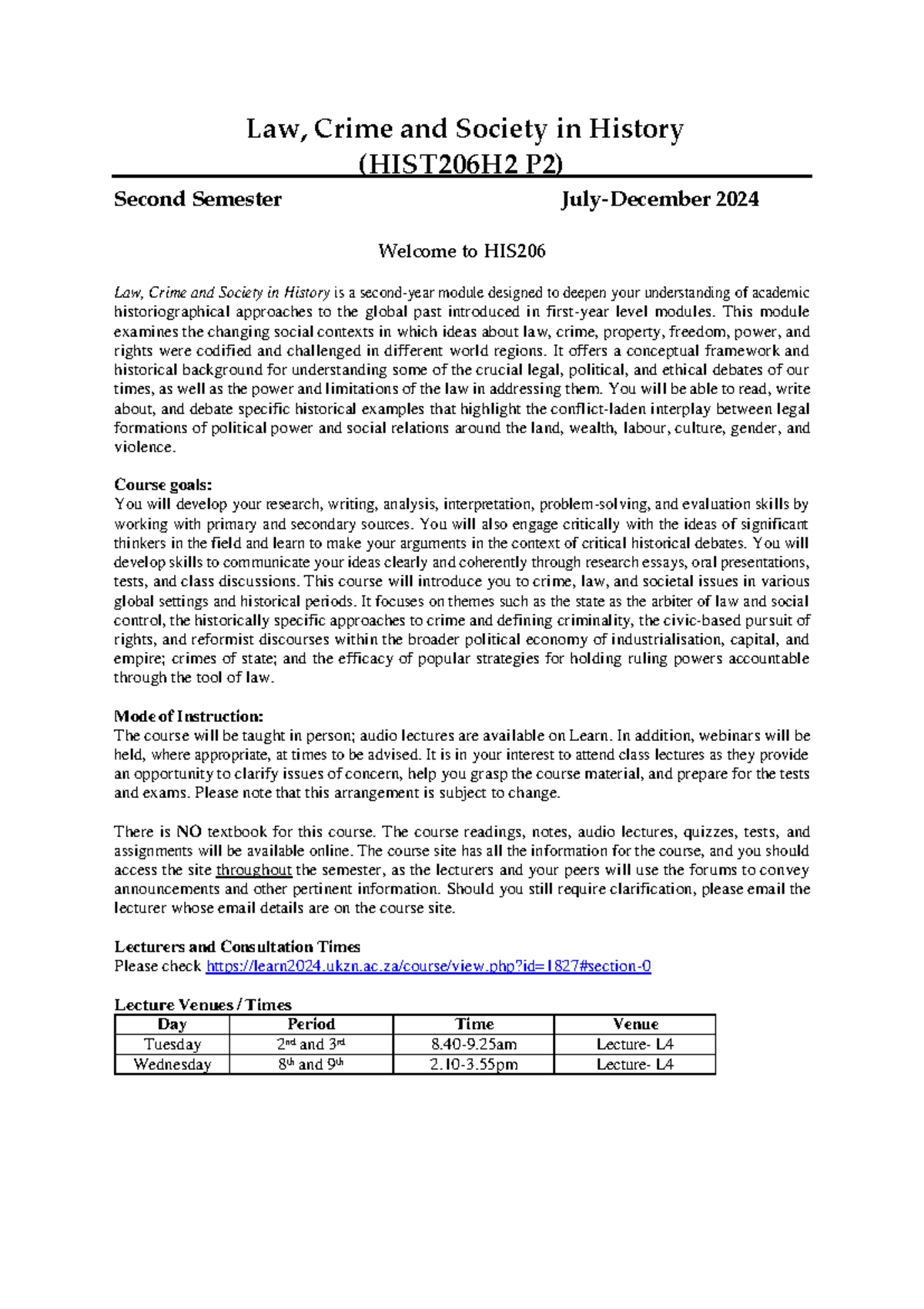 2024 HIST206 H2 Course Outline - Law, Crime and Society in History ...