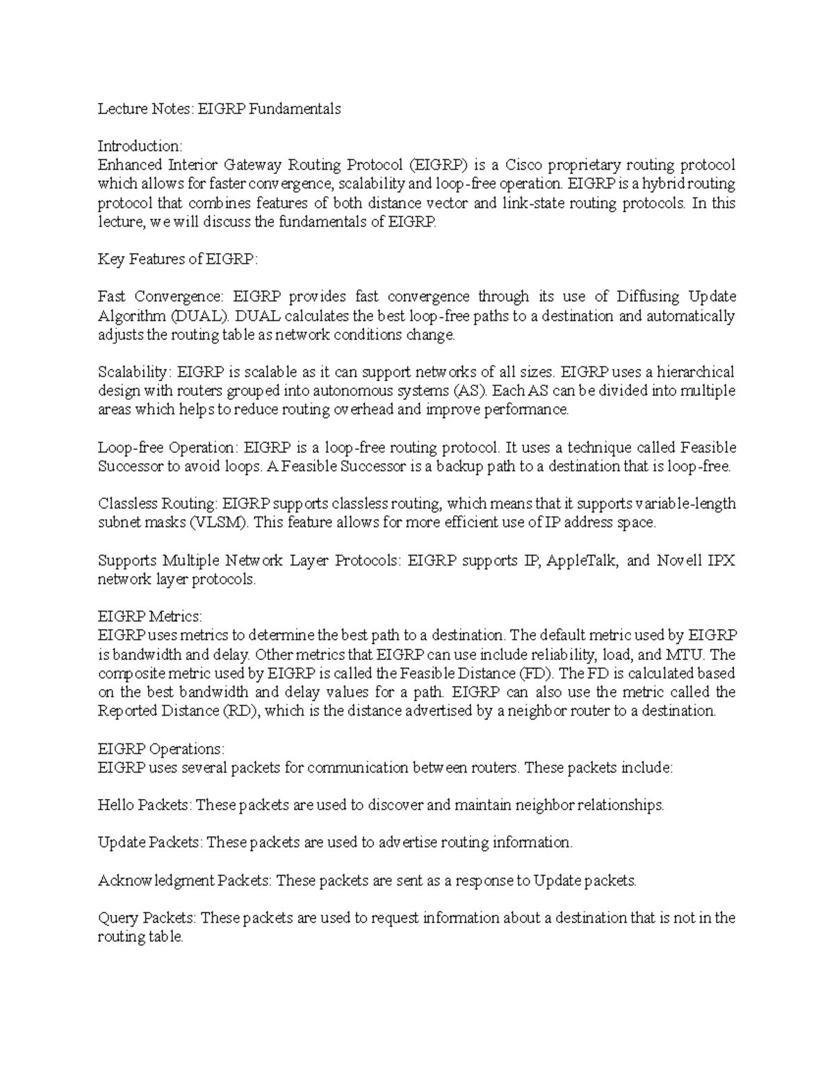 Eigrp Fundamentals - ganga - Lecture Notes: EIGRP Fundamentals ...