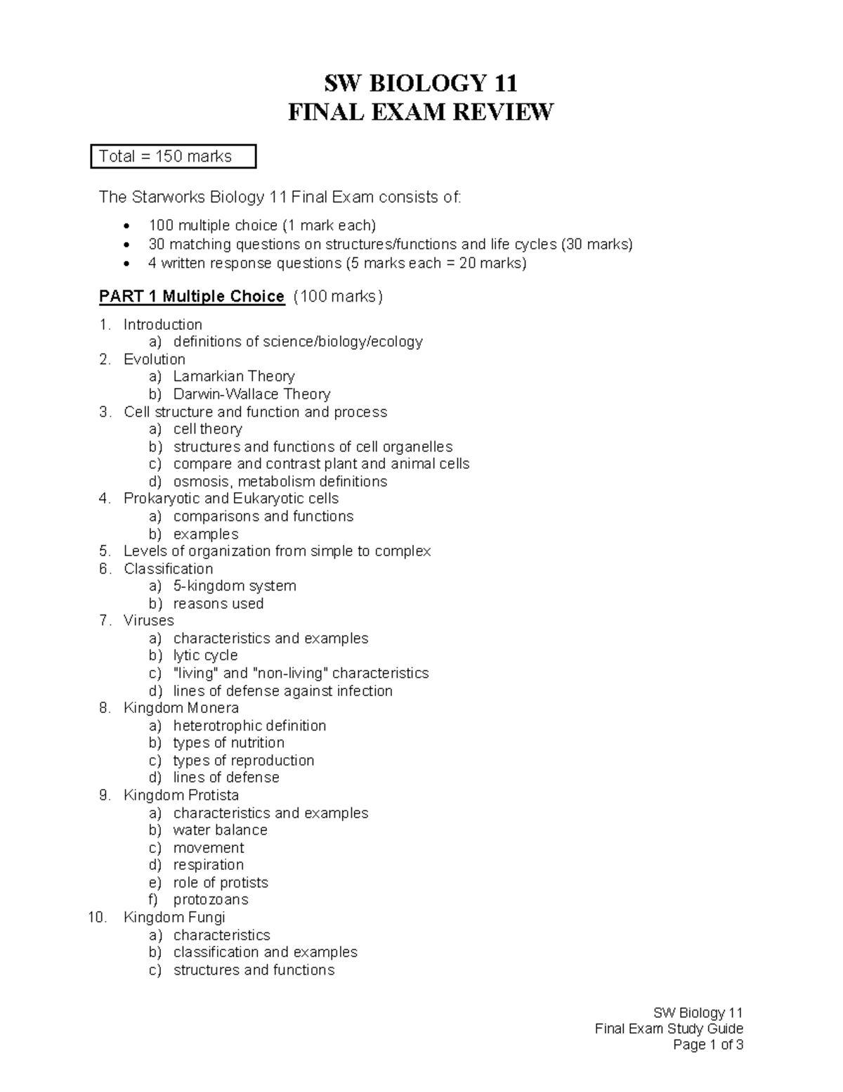 Biology 11 Final EXAM Review - SW Biology 11 Final Exam Study Guide ...