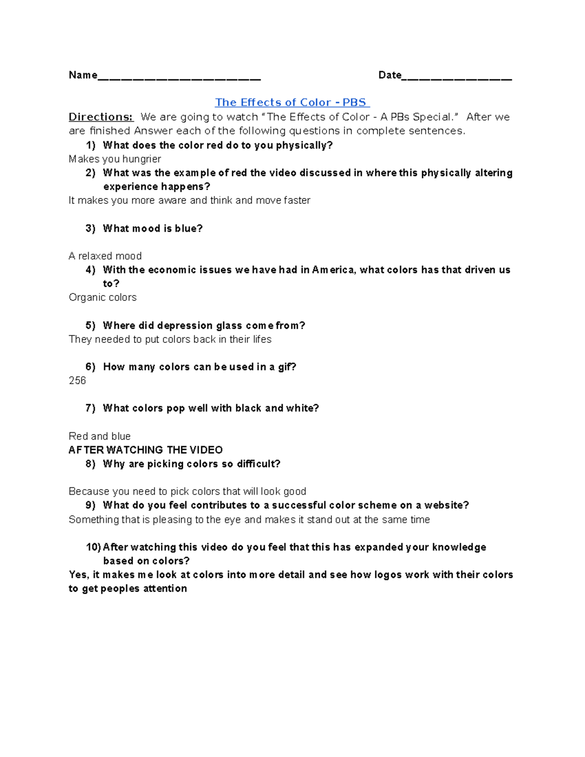 Effects of Color Worksheet lecture notes - Name ...