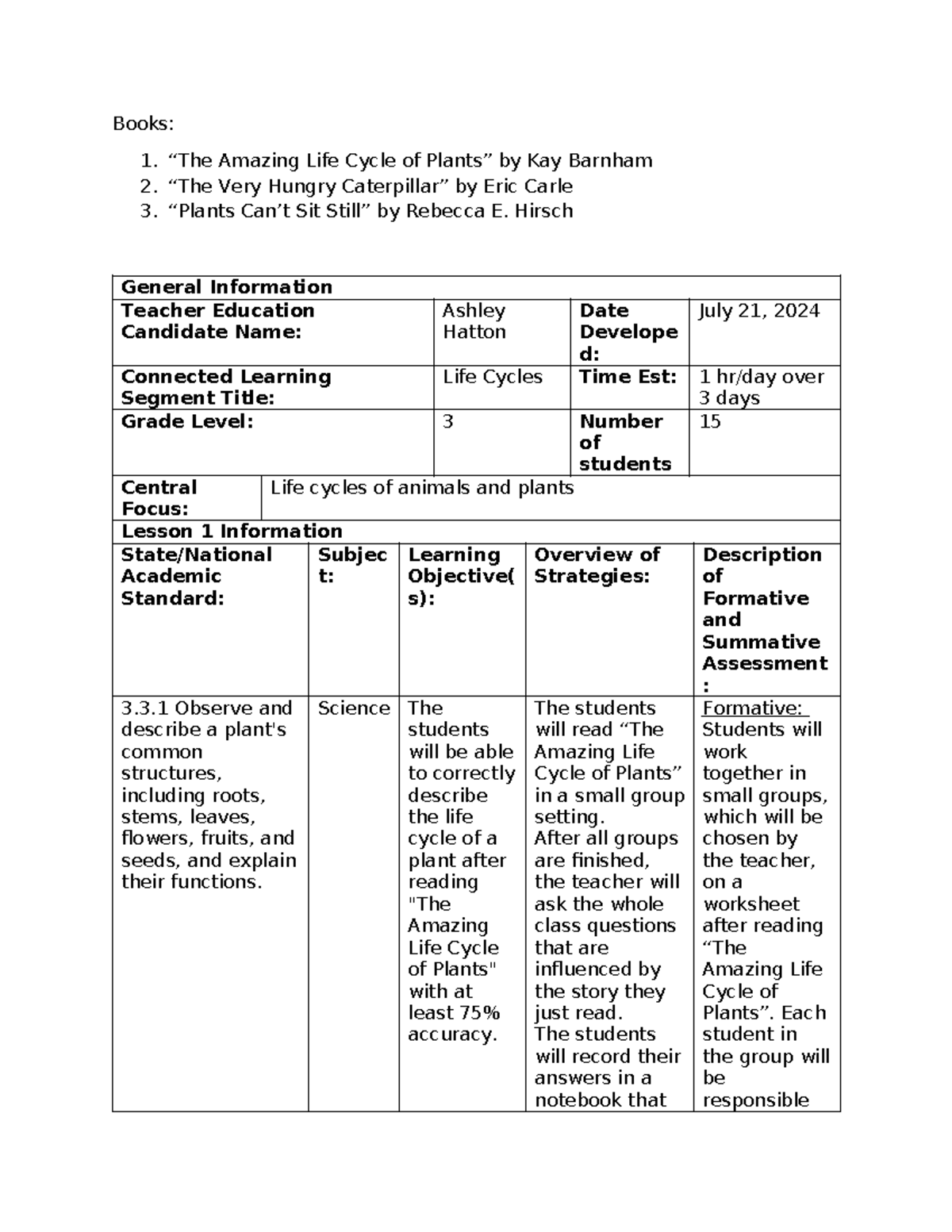 C970 task 2JULY - task 2 - Books: 1. “The Amazing Life Cycle of Plants ...