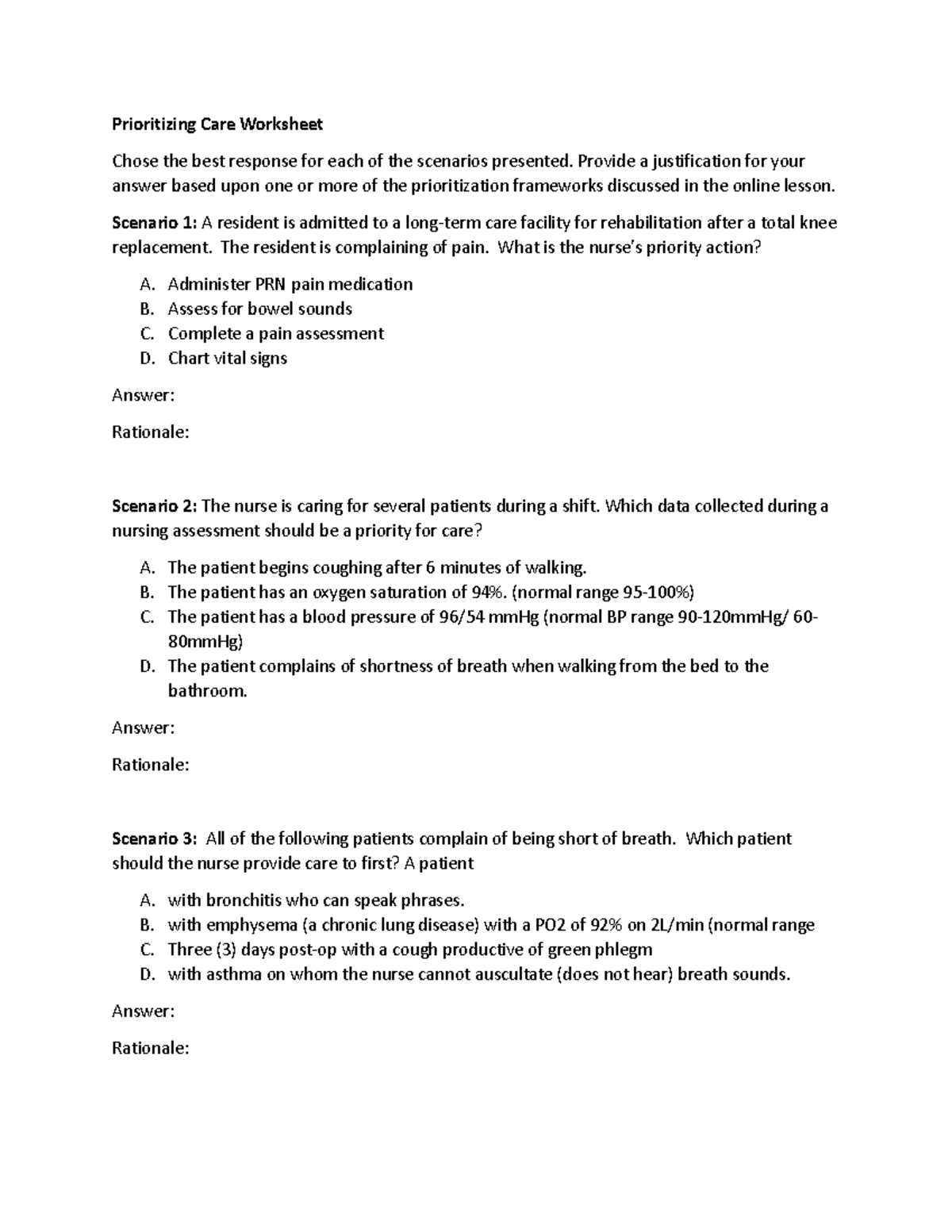 Prioritizing Care Class Activity - Prioritizing Care Worksheet Chose ...